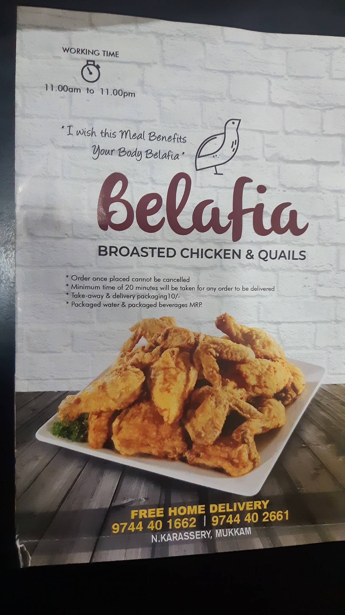 Menu at BELAFIA - Broasted chicken and Quails, Tazhakkod