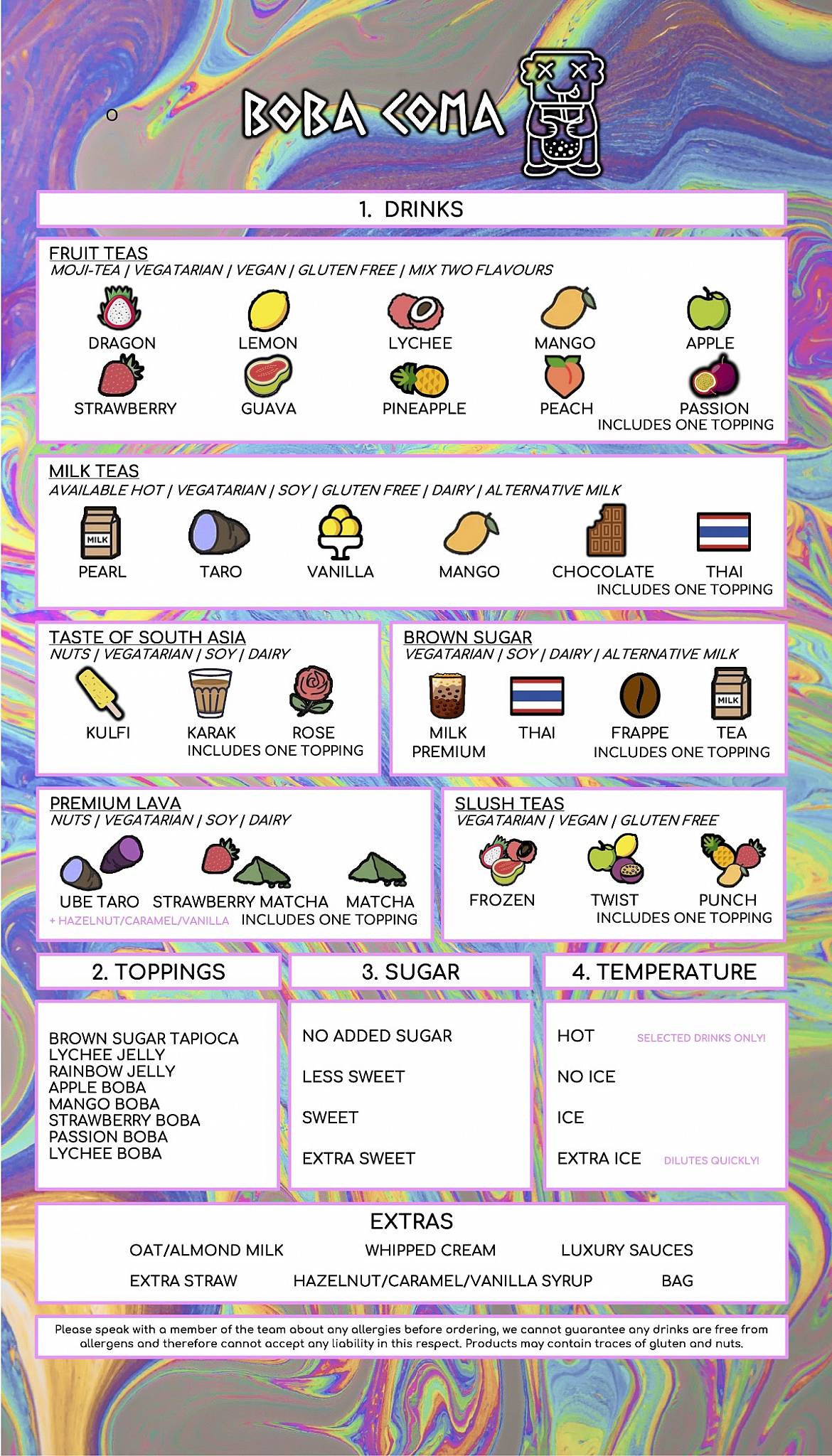 Carta de BOBA COMA Bubble Tea - Leyton, Londres