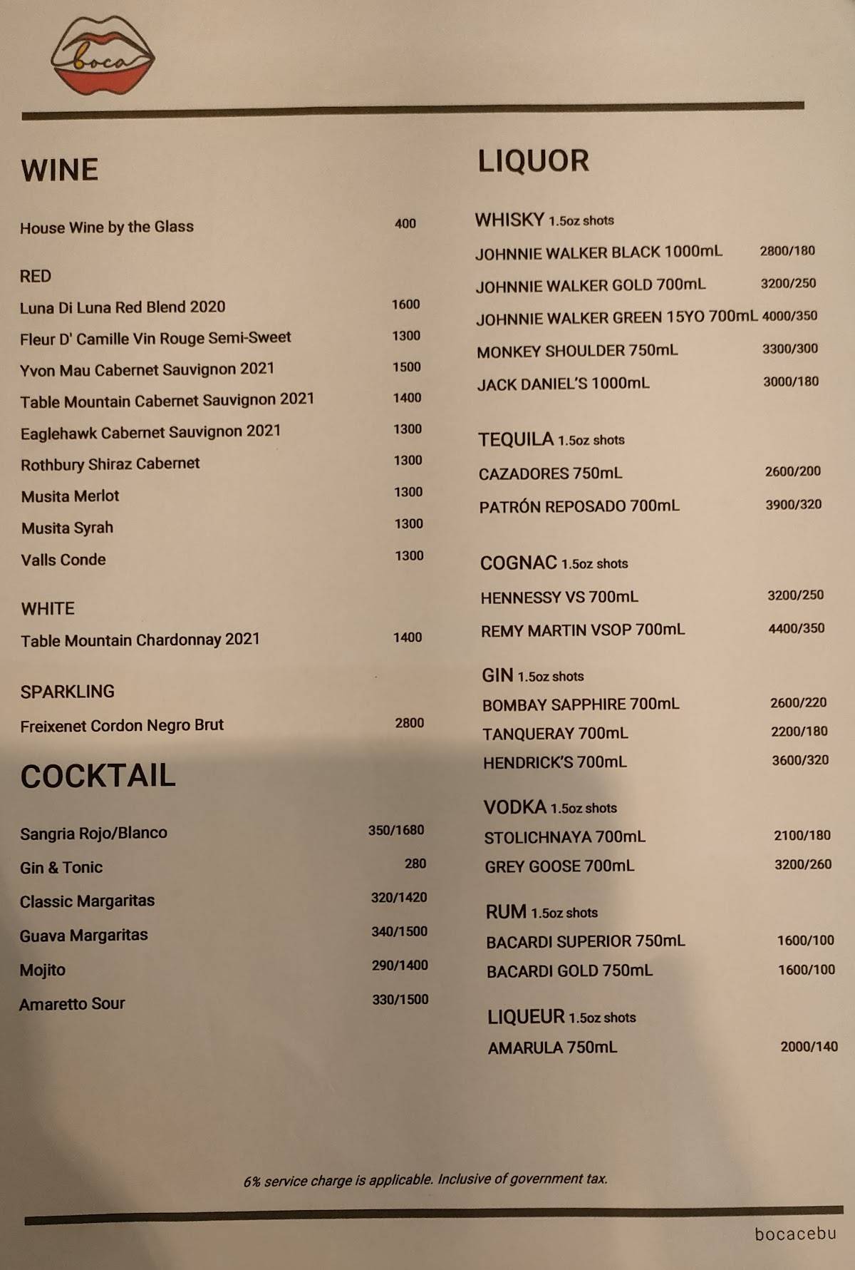 Menu at BOCA restaurant, Mandaue City