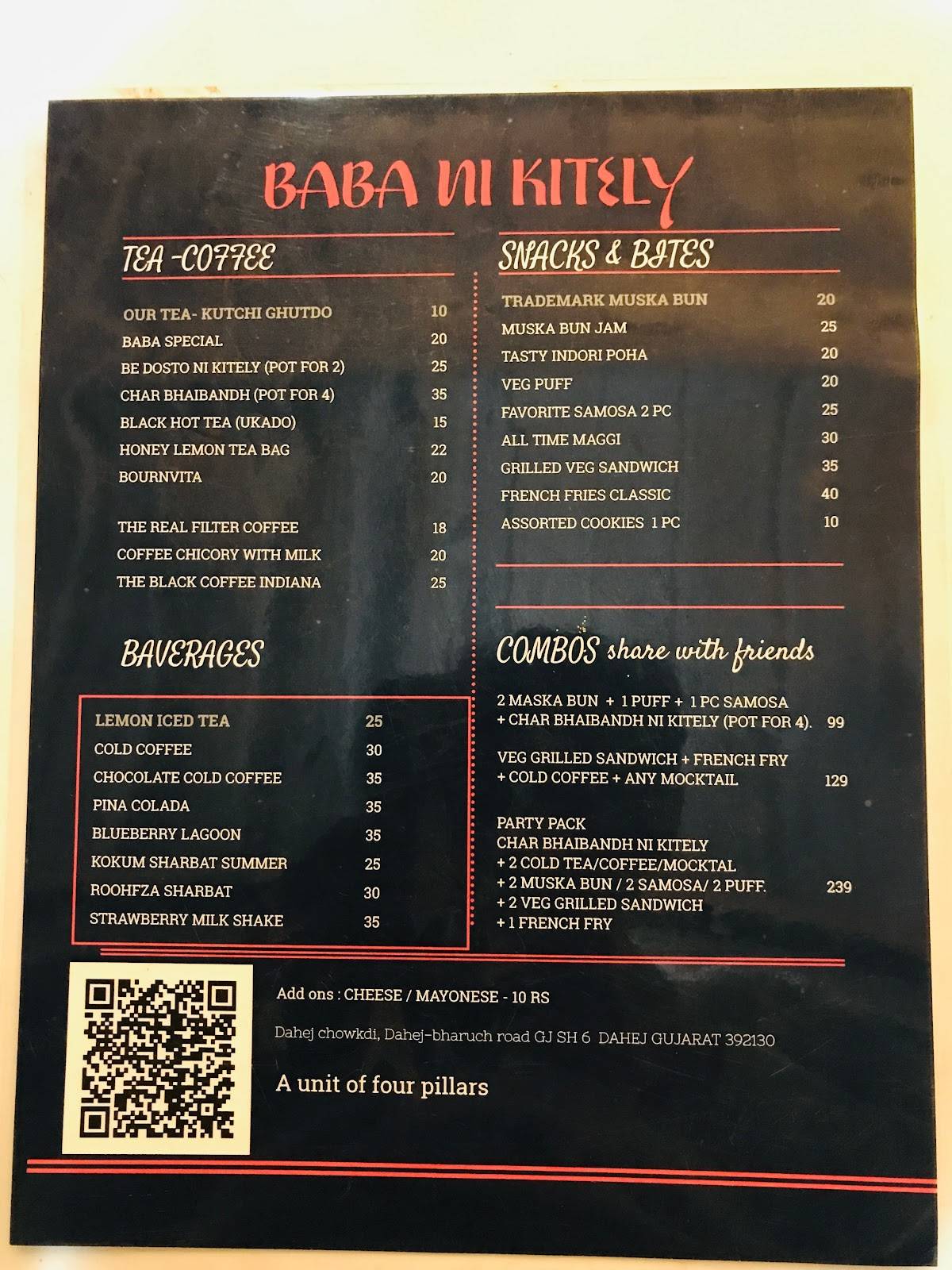 Menu at Baba ni Kitley -The cafe, Dahej