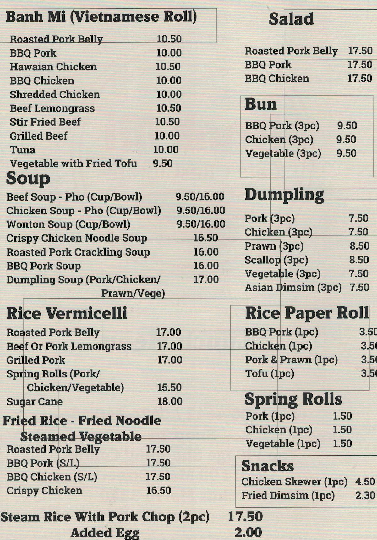 Menu at Banh Mi Cafe - Restaurant, Bacchus Marsh