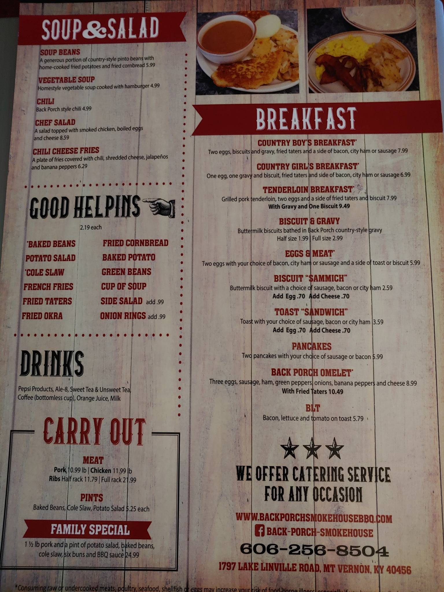 Menu at Back Porch Smokehouse BBQ, Mount Vernon, Lake Linville Rd
