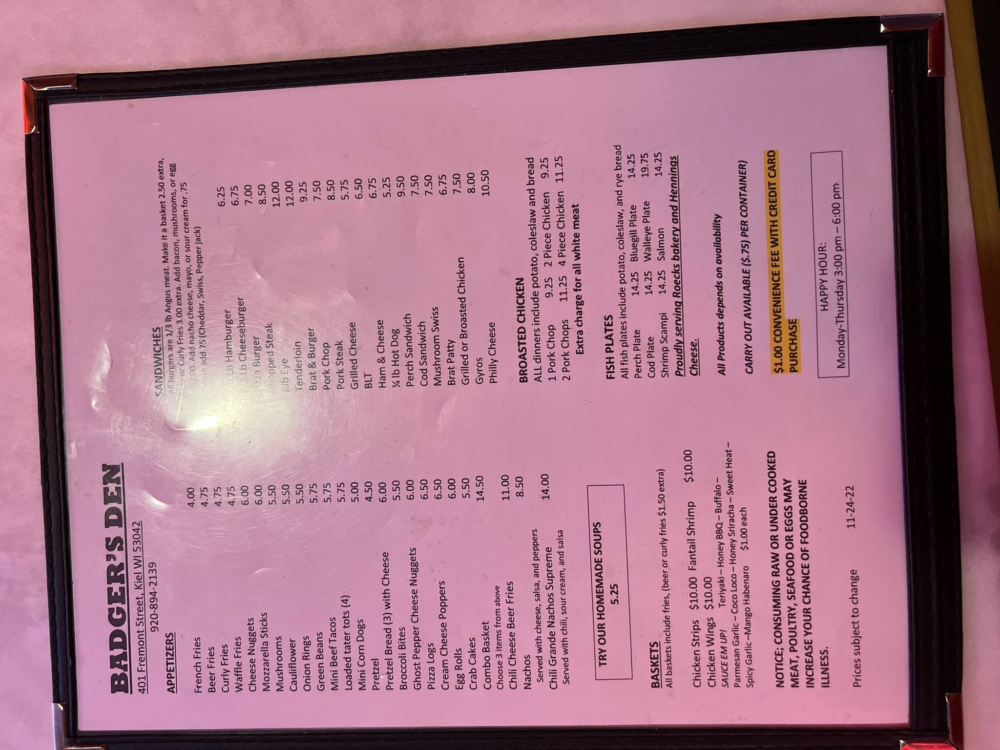 Menu at Badger's Den pub & bar, Kiel