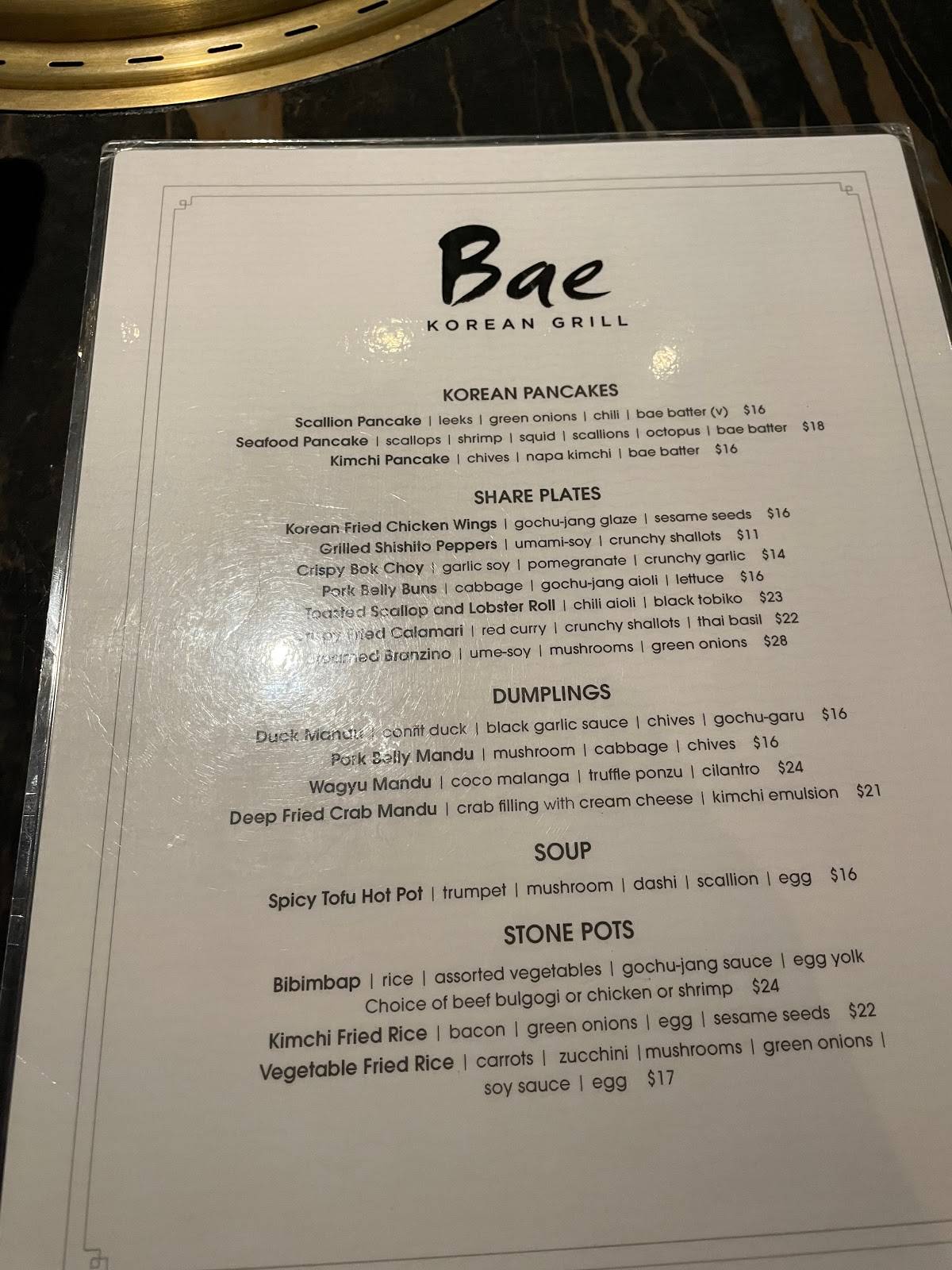 Menu at Bae Korean Grill BBQ, Hollywood