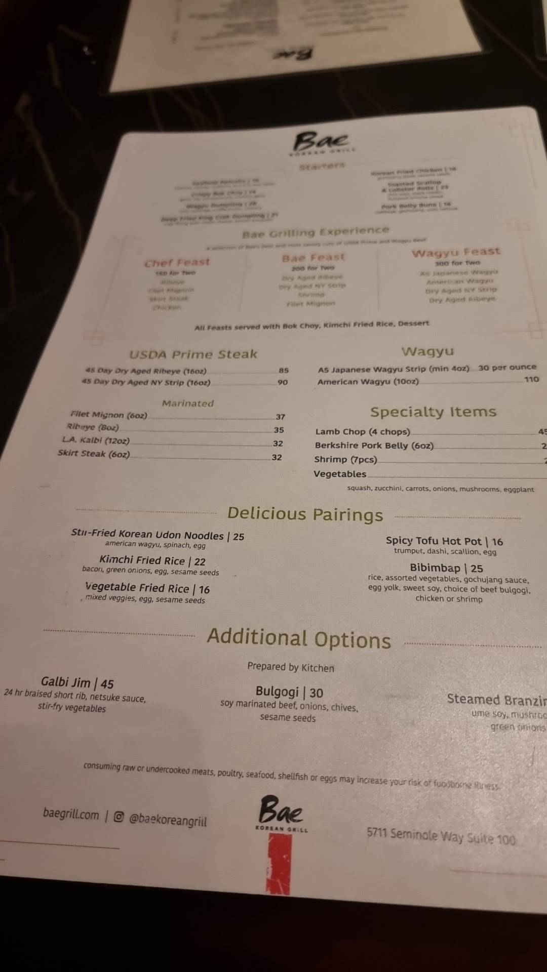 Menu at Bae Korean Grill BBQ, Hollywood