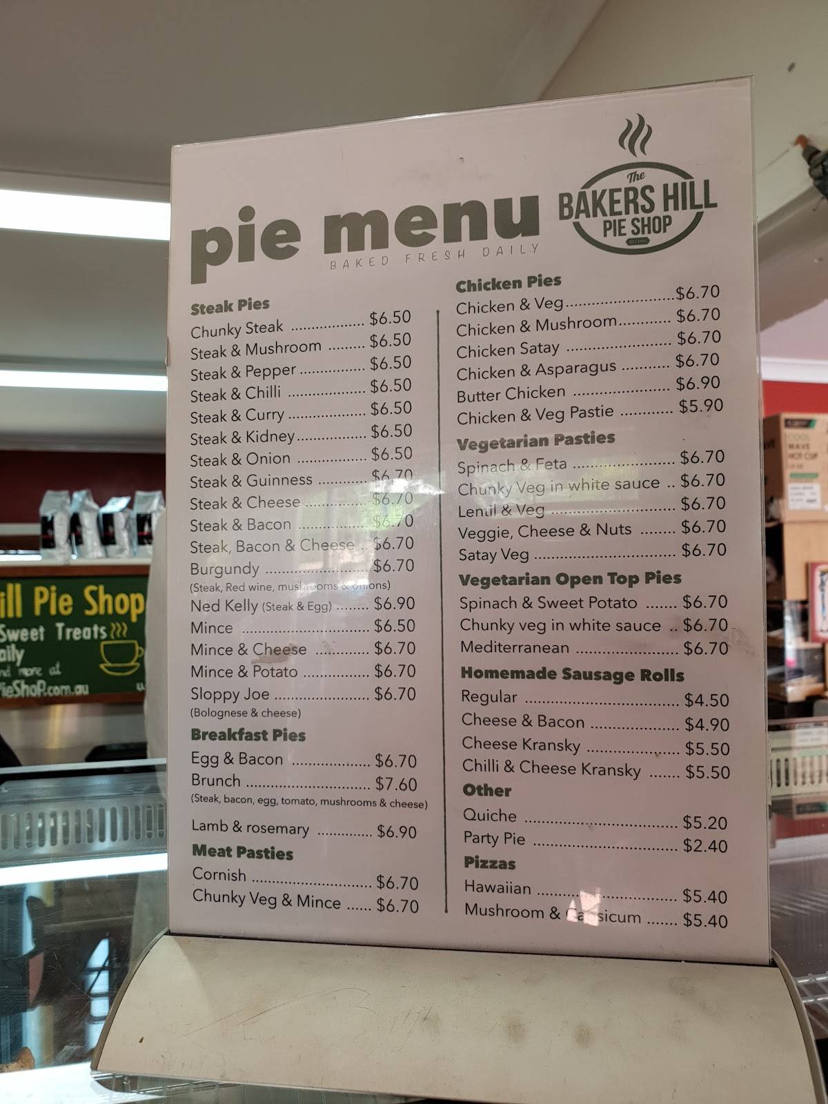 Menu at Bakers Hill Pie Shop restaurant, Bakers Hill
