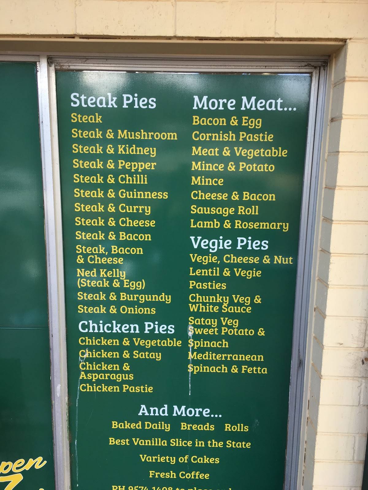 Menu at Bakers Hill Pie Shop restaurant, Bakers Hill