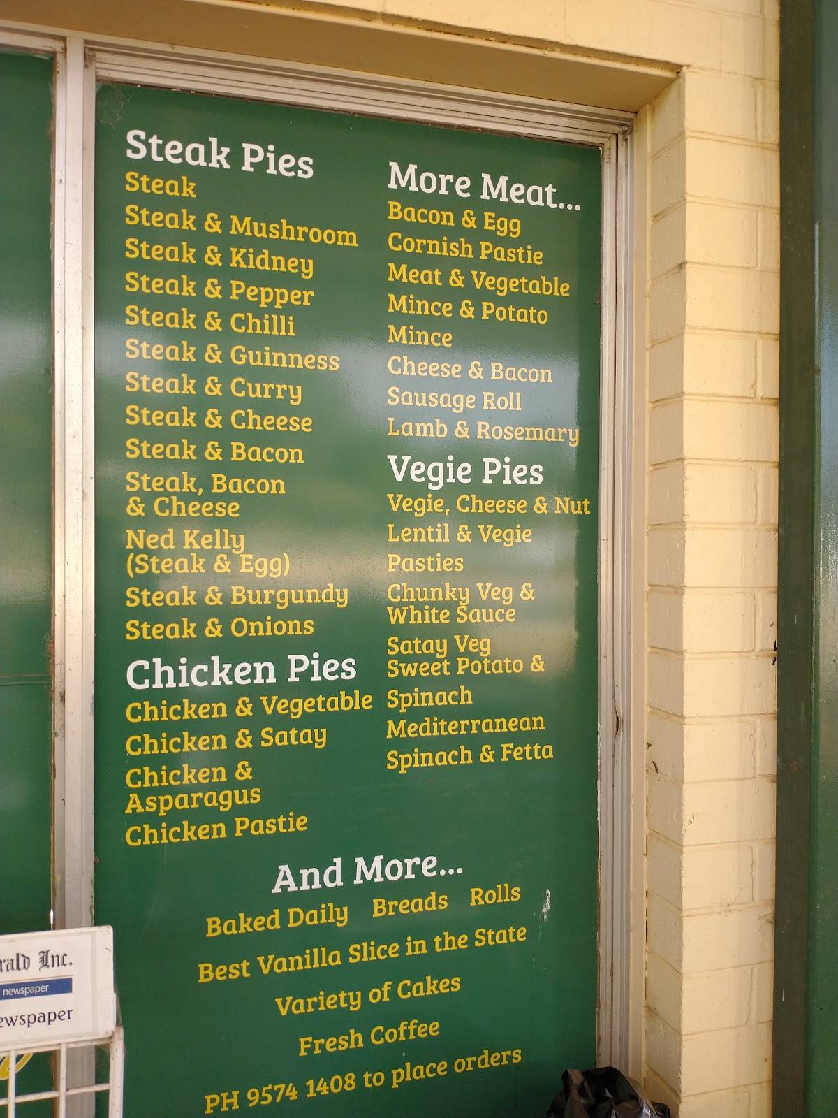 Menu at Bakers Hill Pie Shop restaurant, Bakers Hill