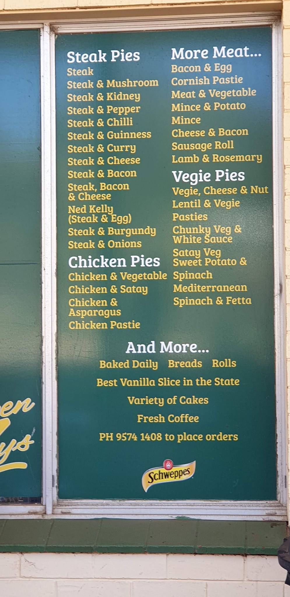 Menu at Bakers Hill Pie Shop restaurant, Bakers Hill