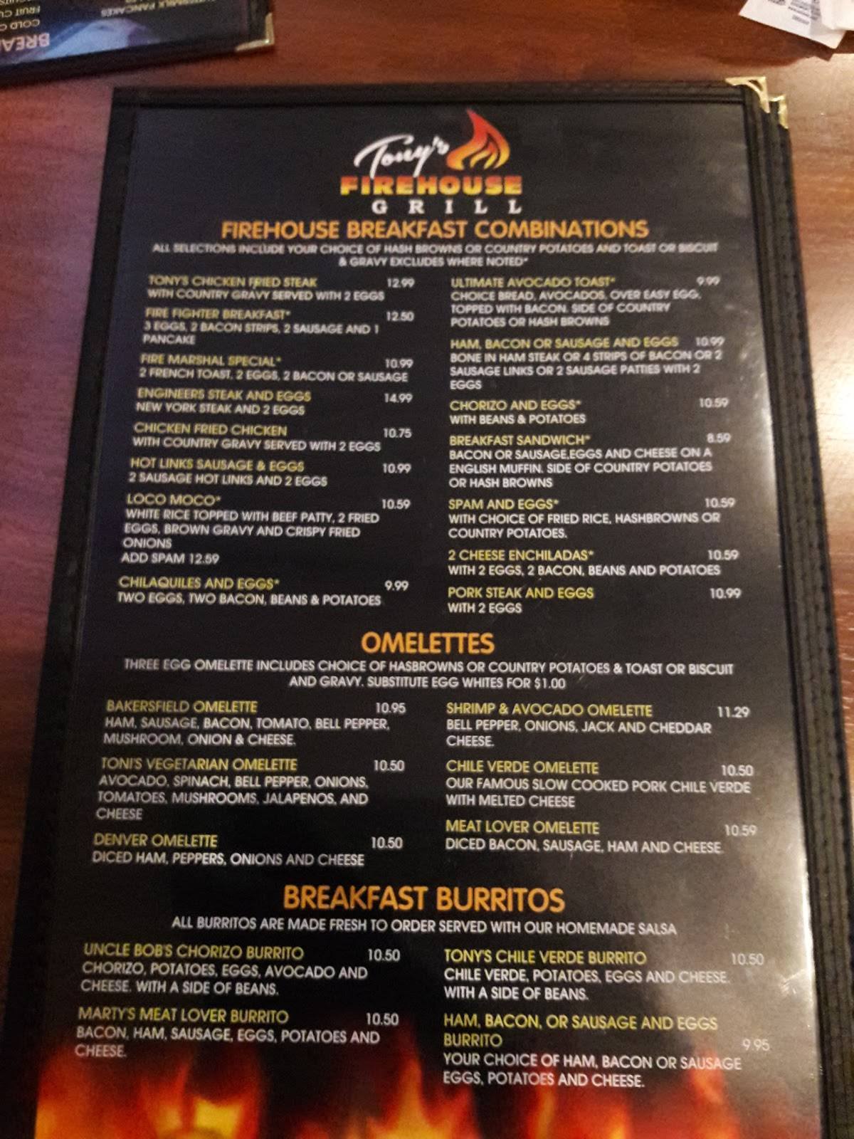 Menu at Tony's Firehouse Grill and Pizza pizzeria, Bakersfield
