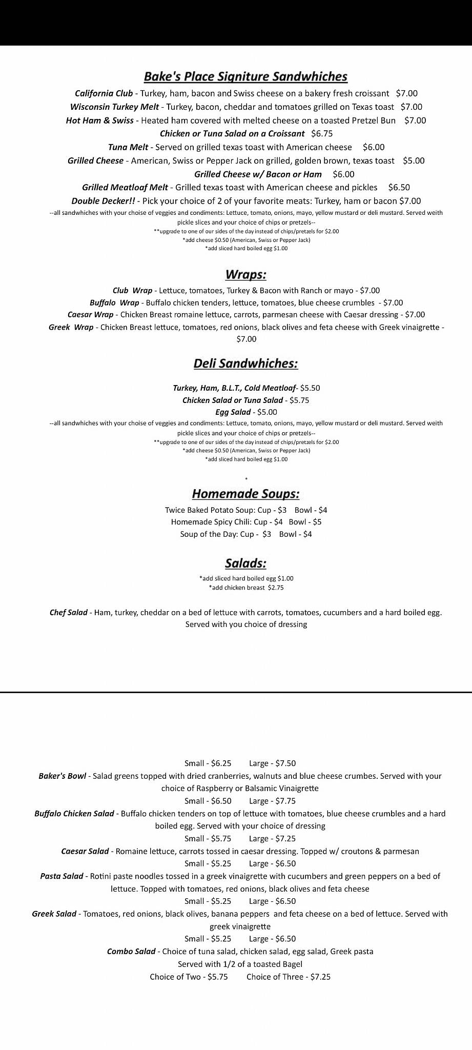 Menu at Bake's Place restaurant, Cincinnati