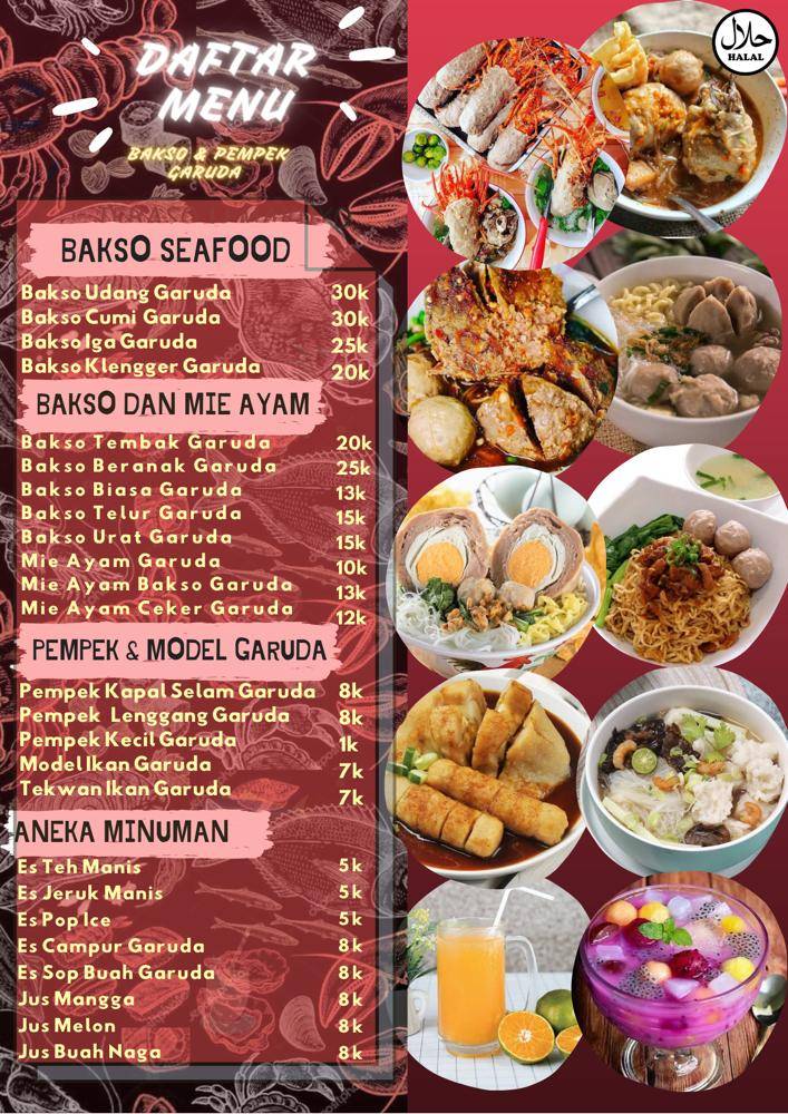 Menu at Bakso & Pempek Garuda restaurant, Indonesia