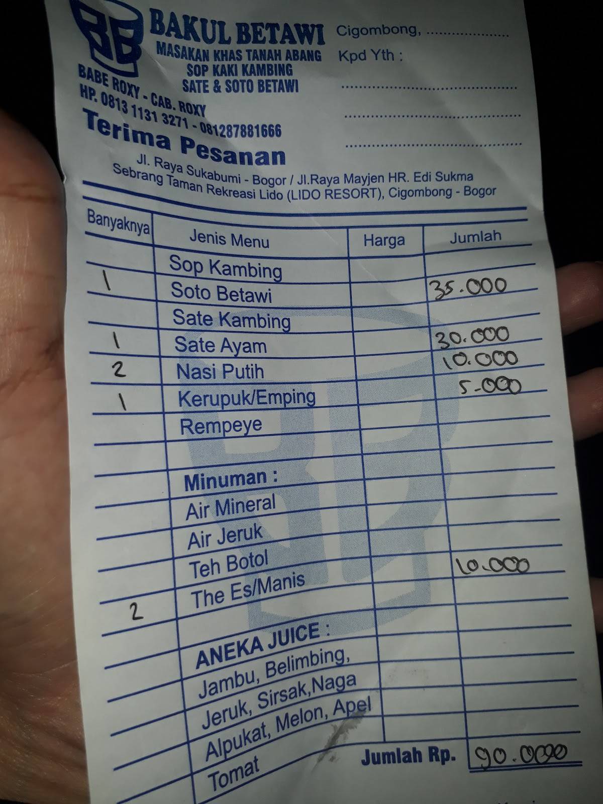 Menu at Bakul Betawi, Soto dan Sate Betawi restaurant, Cigombong