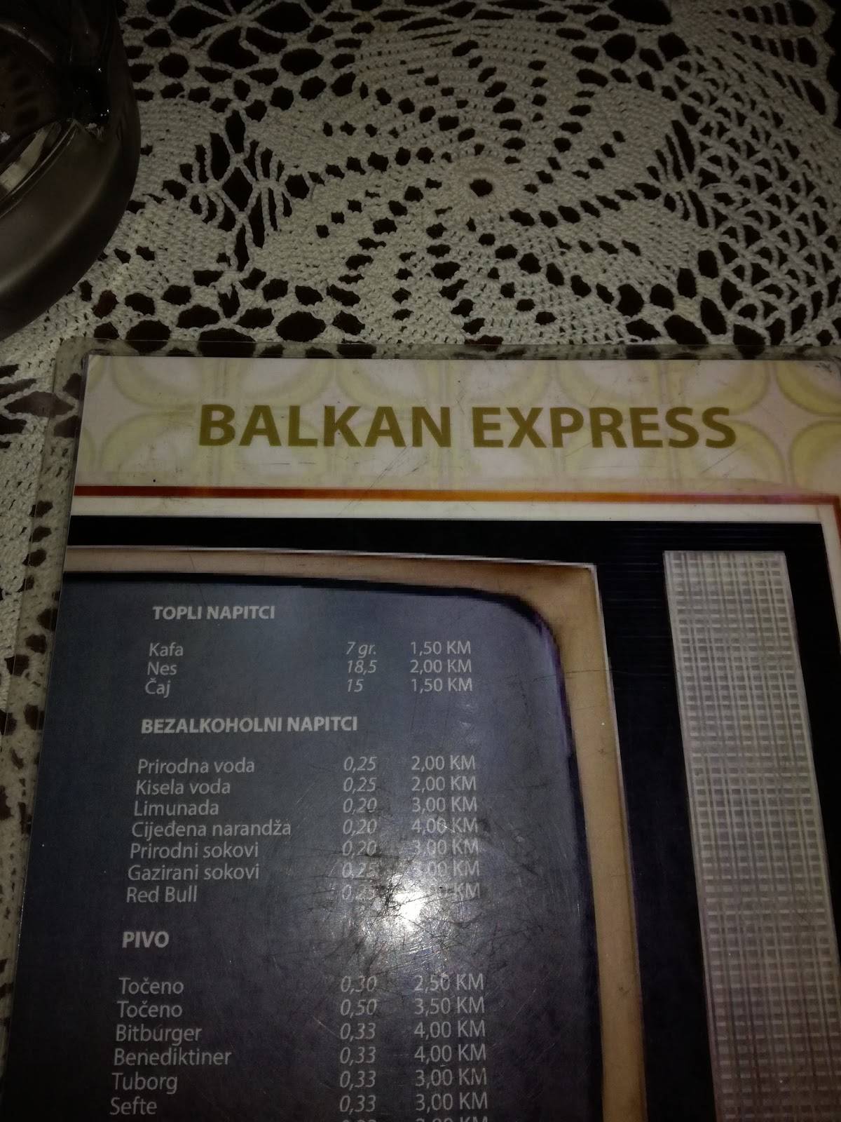 Menu at Balkan Express pub & bar, Sarajevo