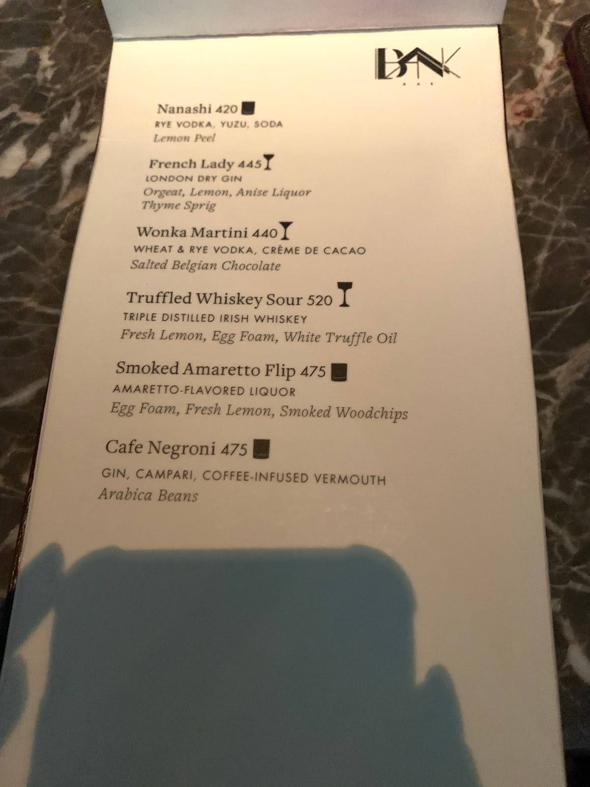 Menu at Bank Bar, Taguig