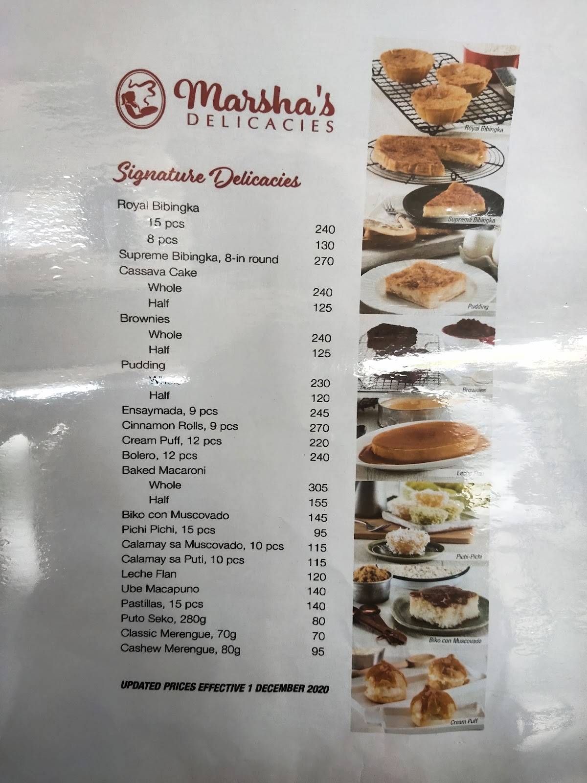 Menu at Marsha's Delicacies cafe, Bantay, HCQ9+R9G