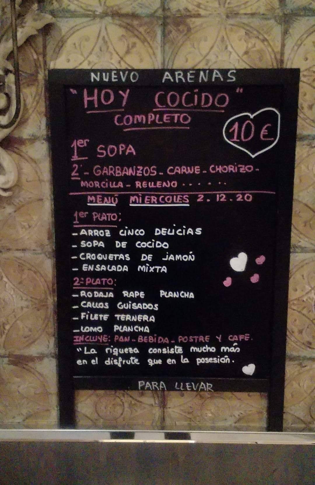 Carta de Bar Nuevo Arenas, Palencia