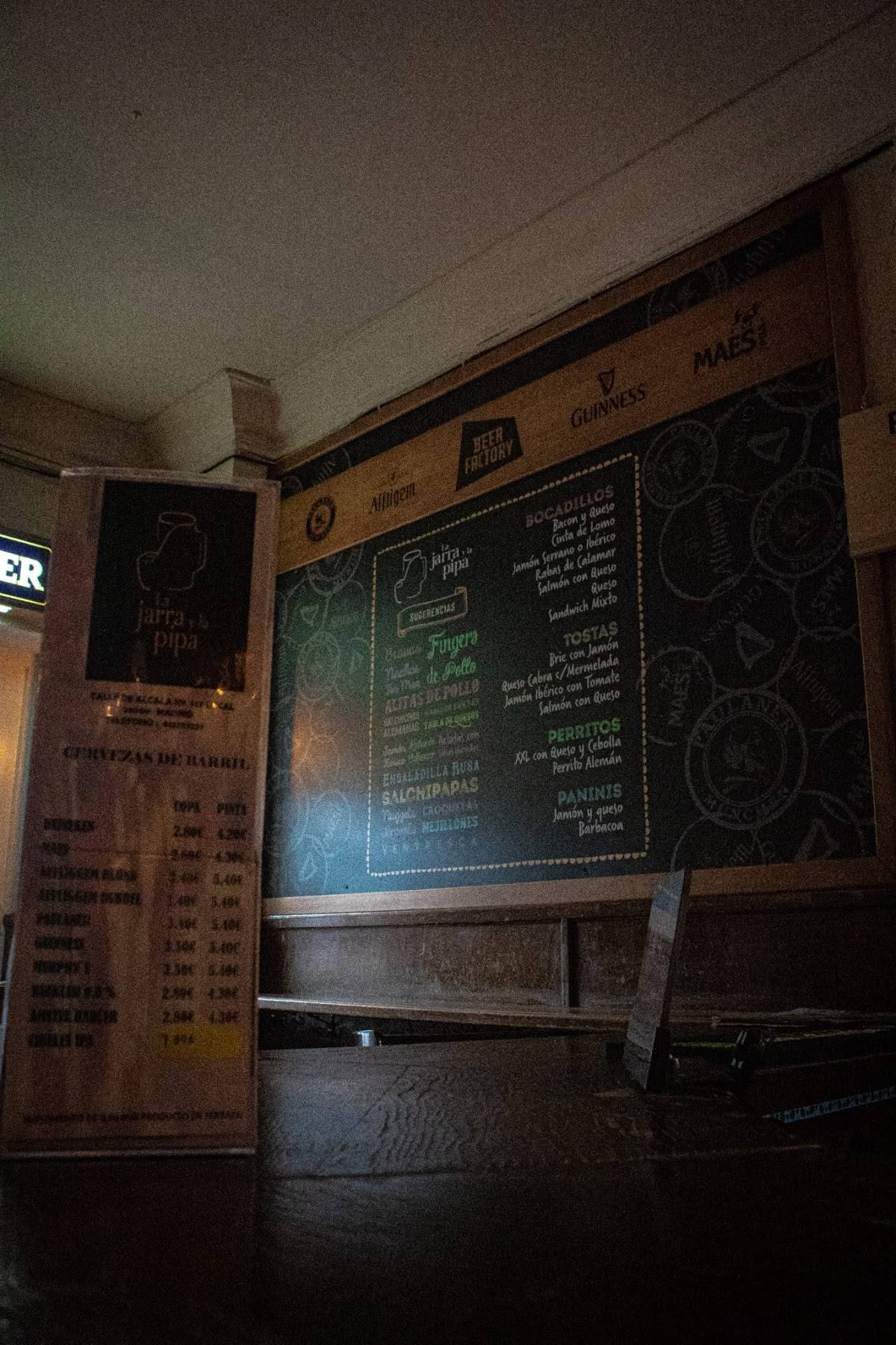 Carta de Bar La Jarra y La Pipa, Madrid, C. de Alcalá