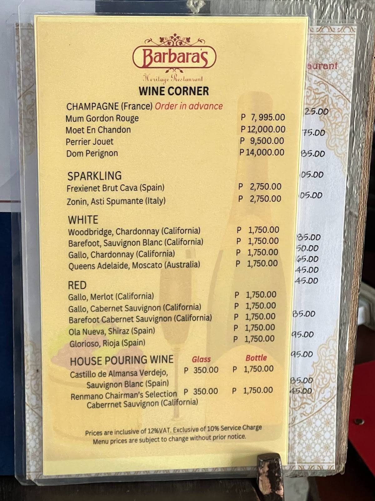 Menu at Barbara's Heritage Restaurant, Manila, Plaza San Luis Complex