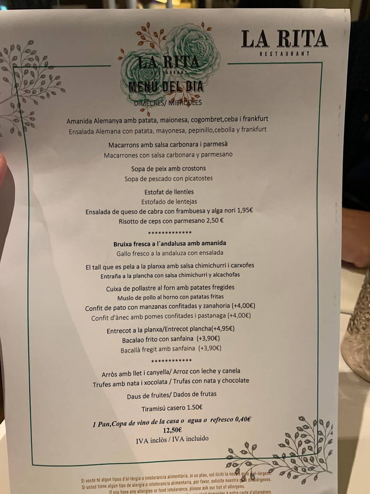 Menu at La Rita restaurant, Barcelona