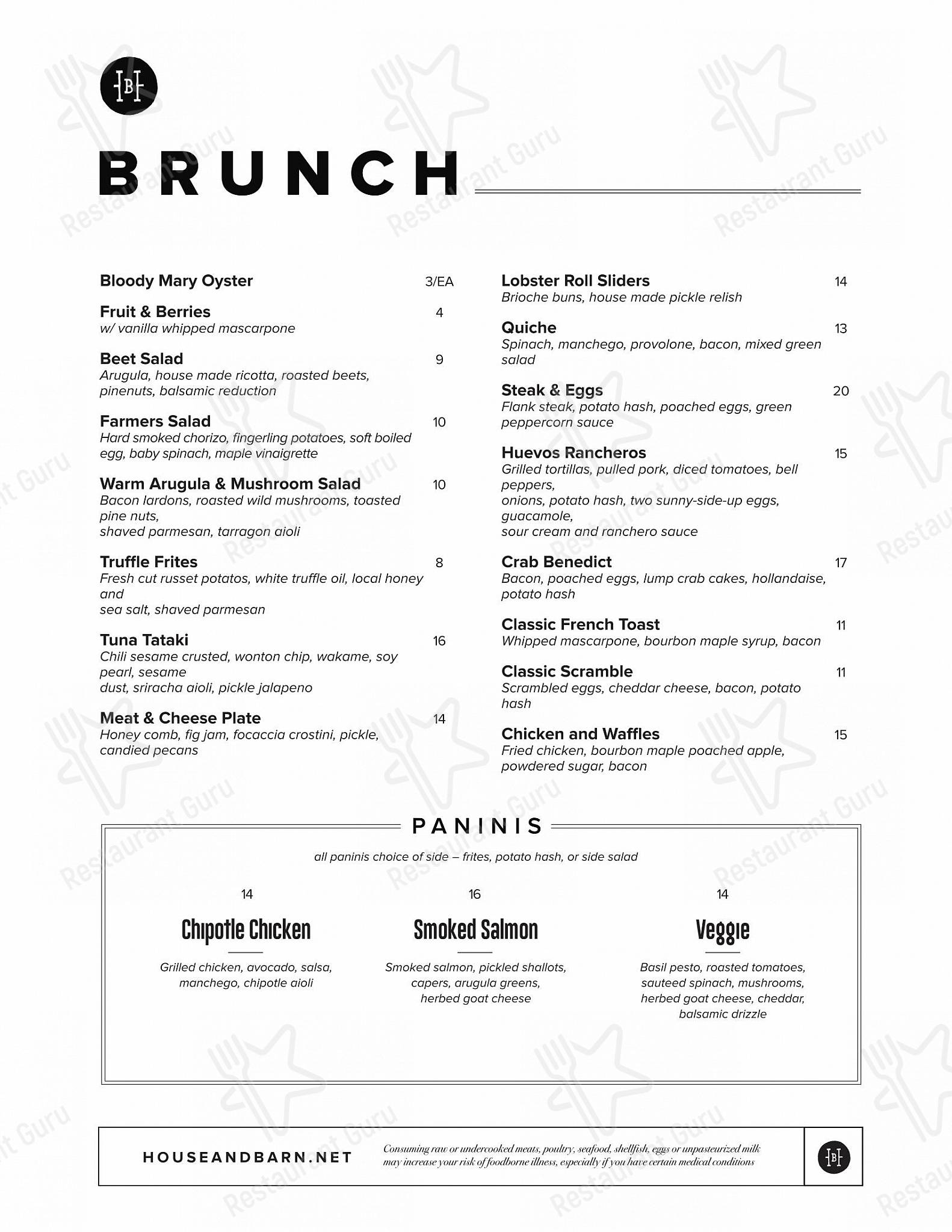 Menu at House and Barn, Emmaus