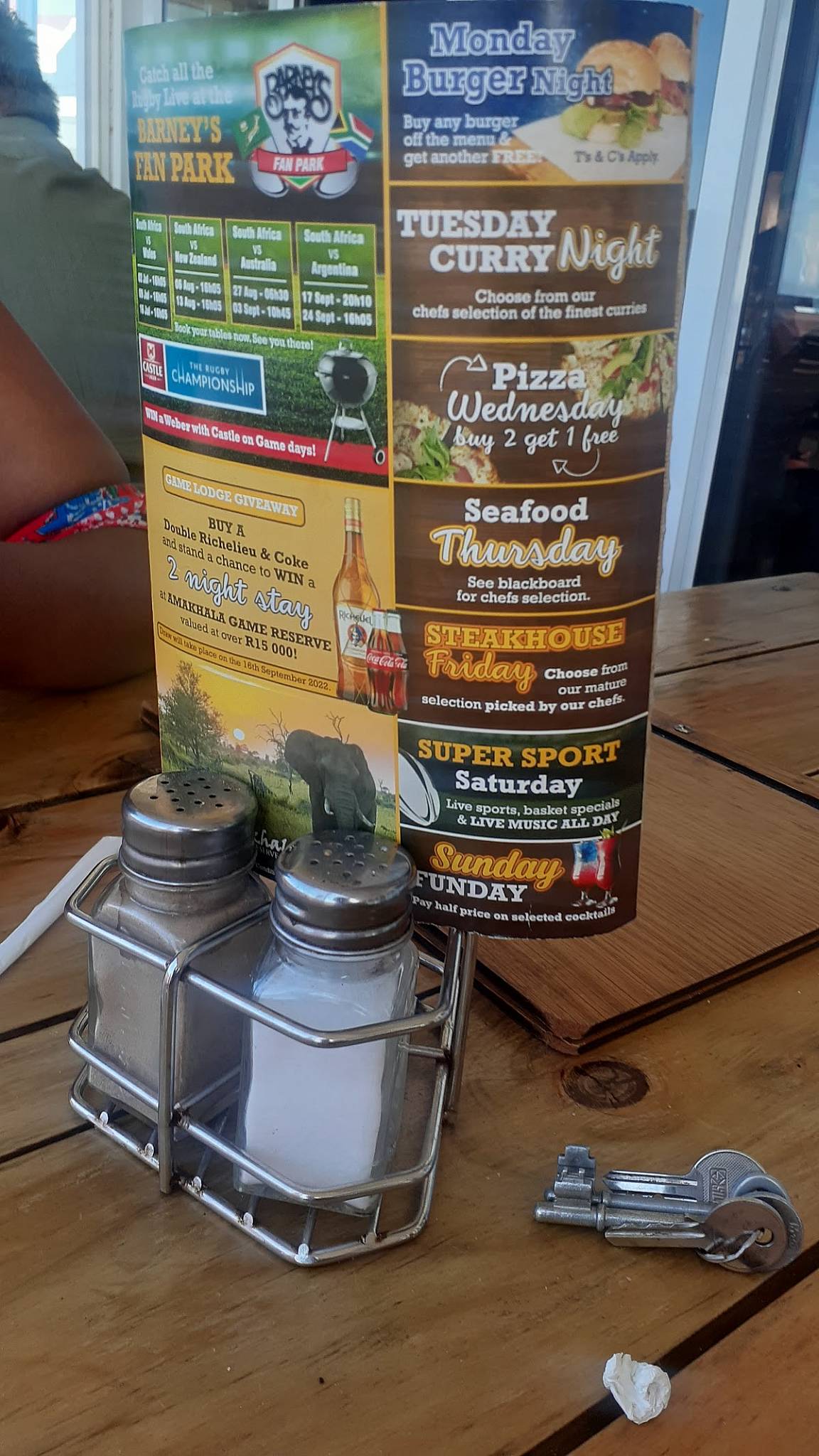 Menu at Barney's Tavern, Port Elizabeth