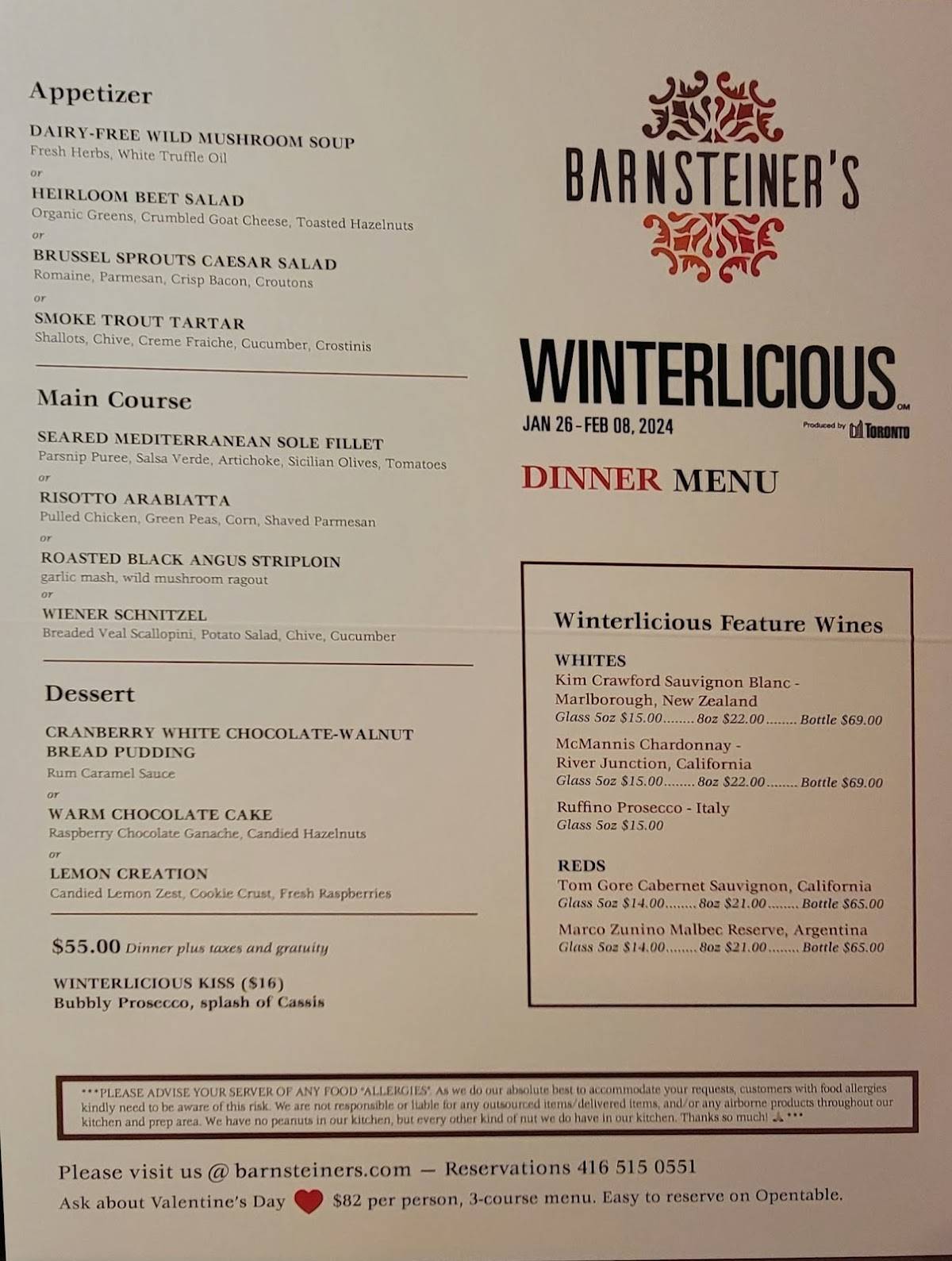 Menu at Barnsteiner's, Toronto