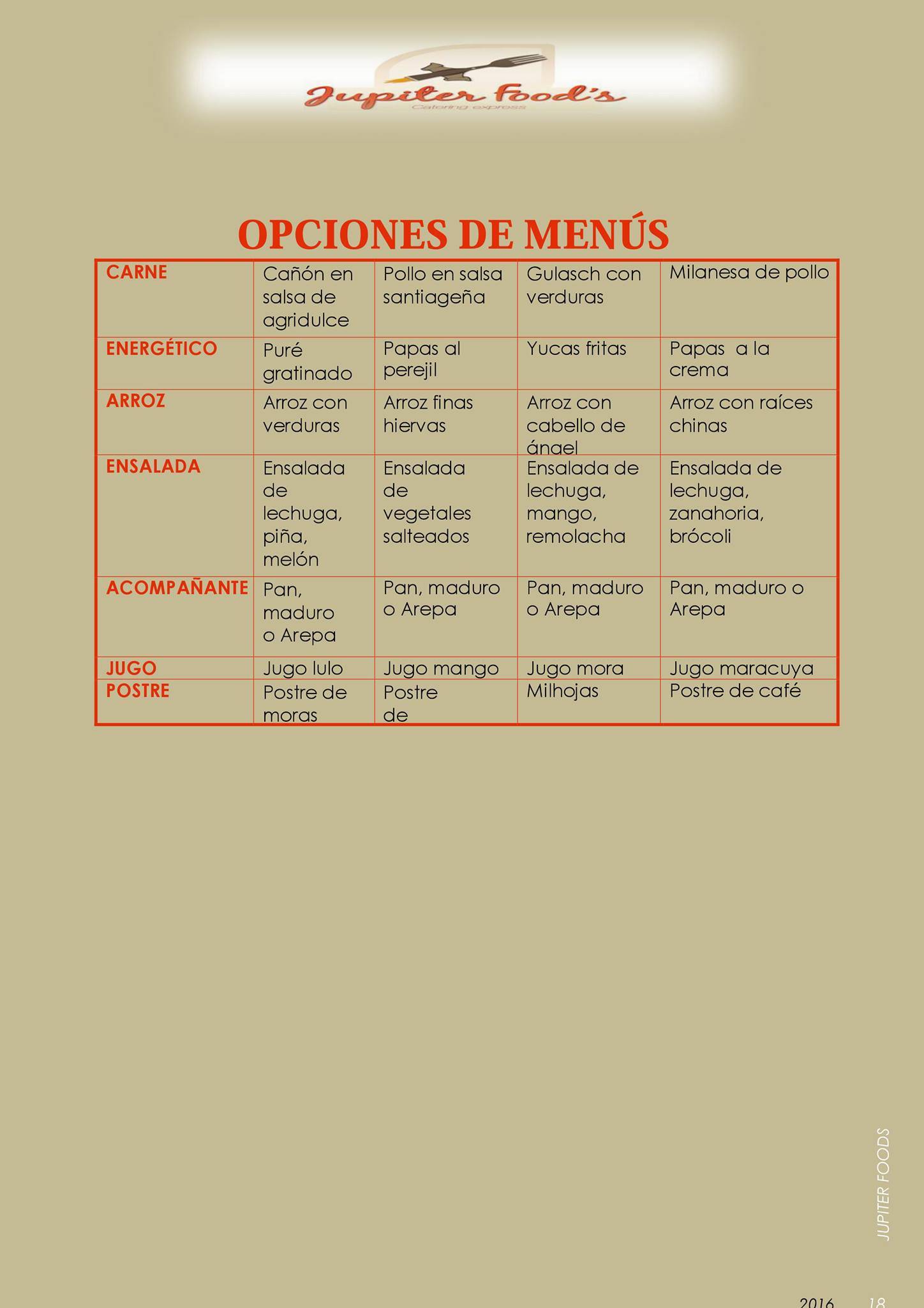 Menu at Jupiter Foods & Drinks Catering restaurant, Barranquilla