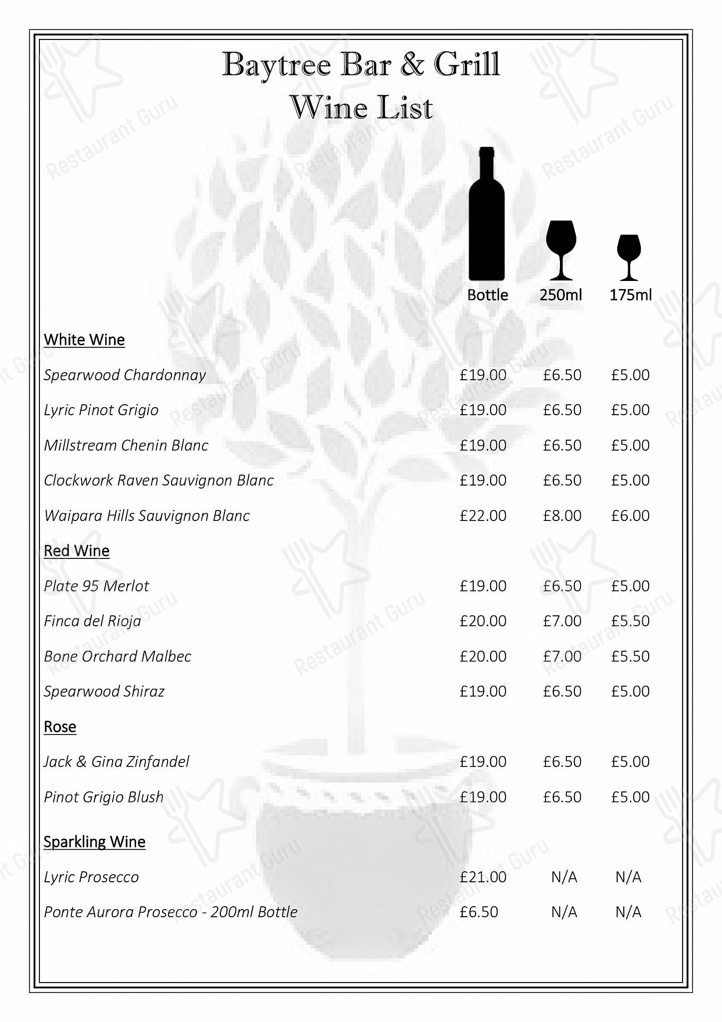 Menu at Baytree Hotel Sea View Bar & Grill, Llandudno