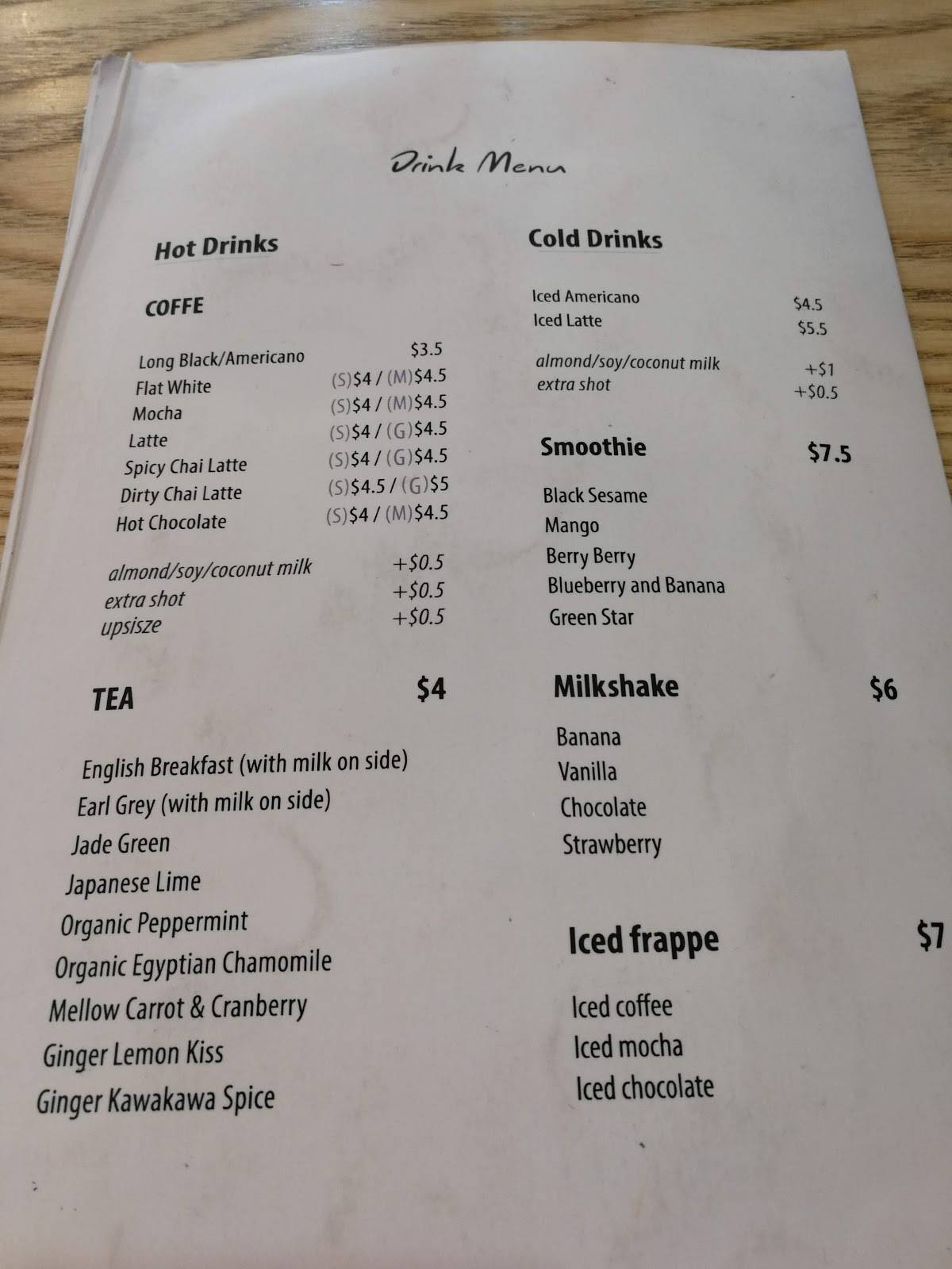 Menu at Beam Cafe, Auckland
