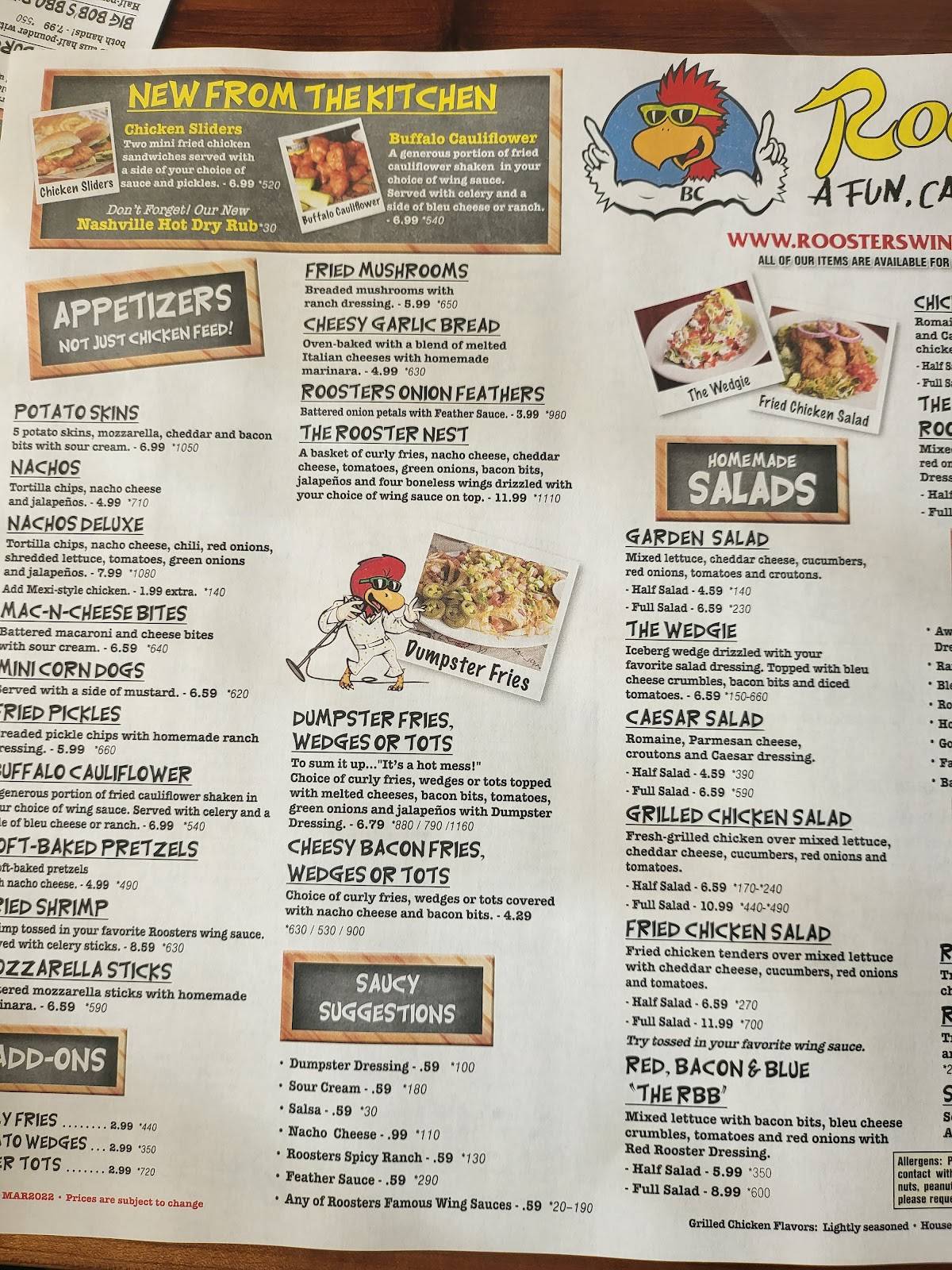 Carta de pizzería Roosters, Beavercreek