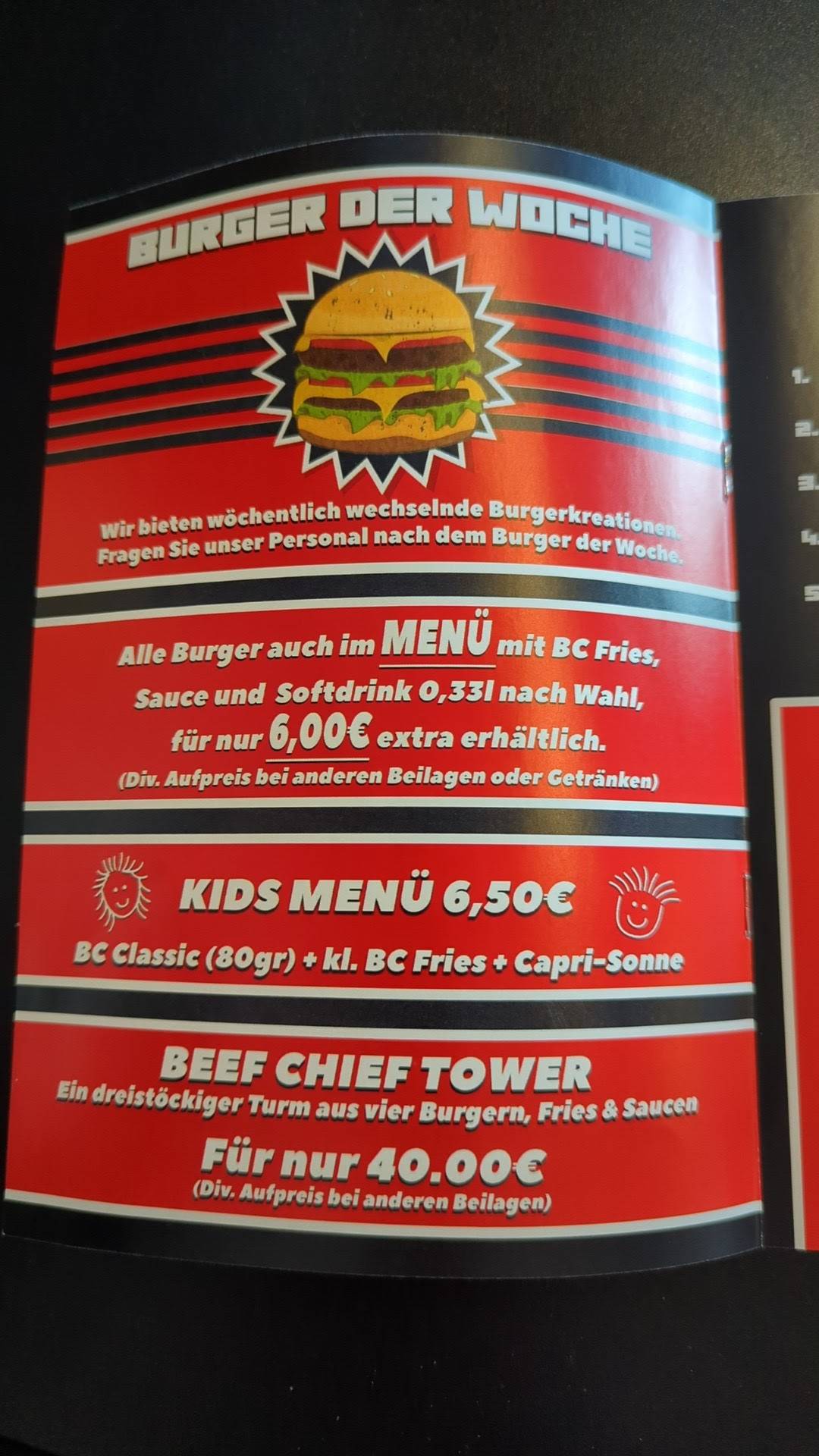 Speisekarte von Beef Chief Burger restaurant, Vechta