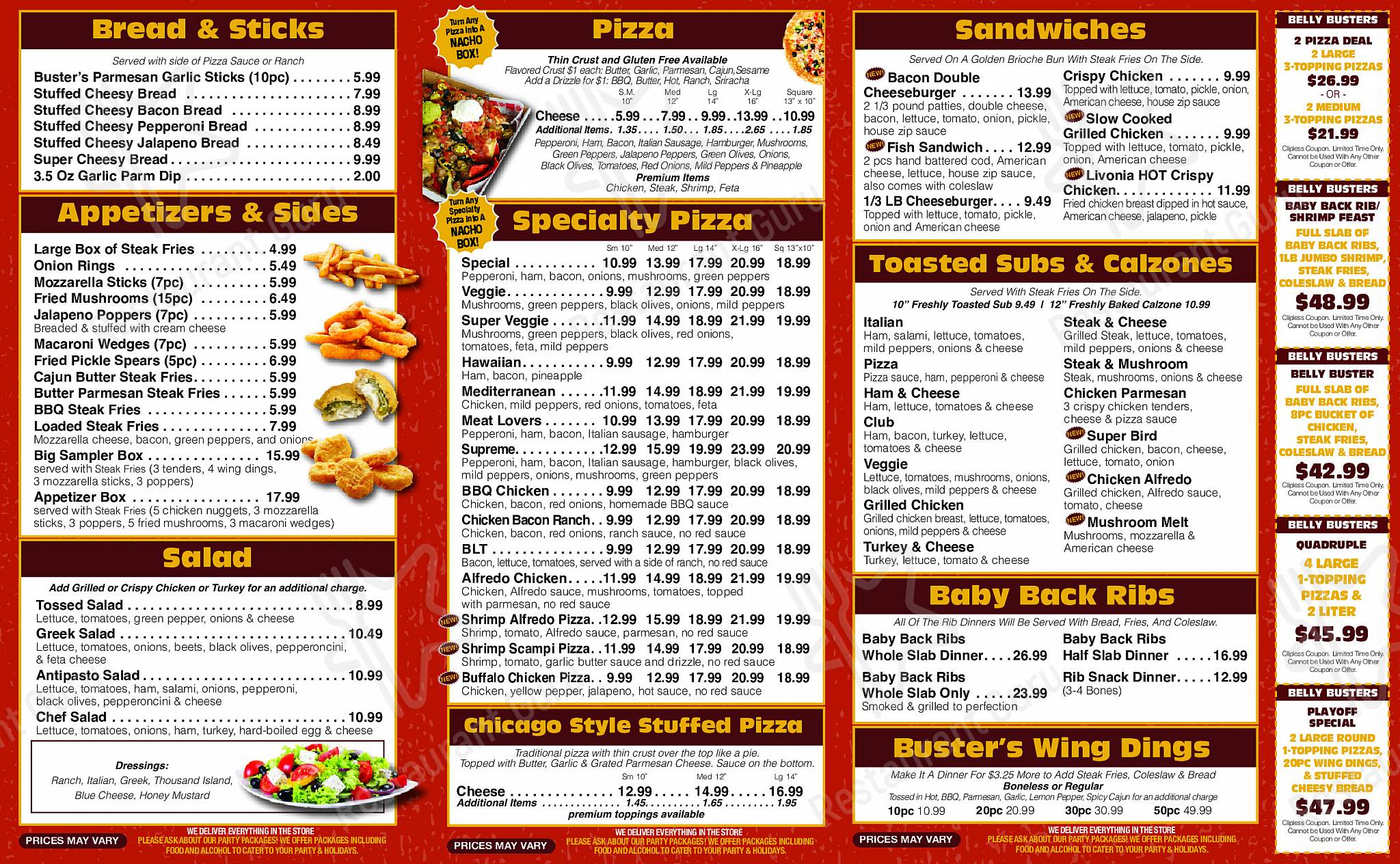 Menu at Belly Busters pizzeria, Livonia
