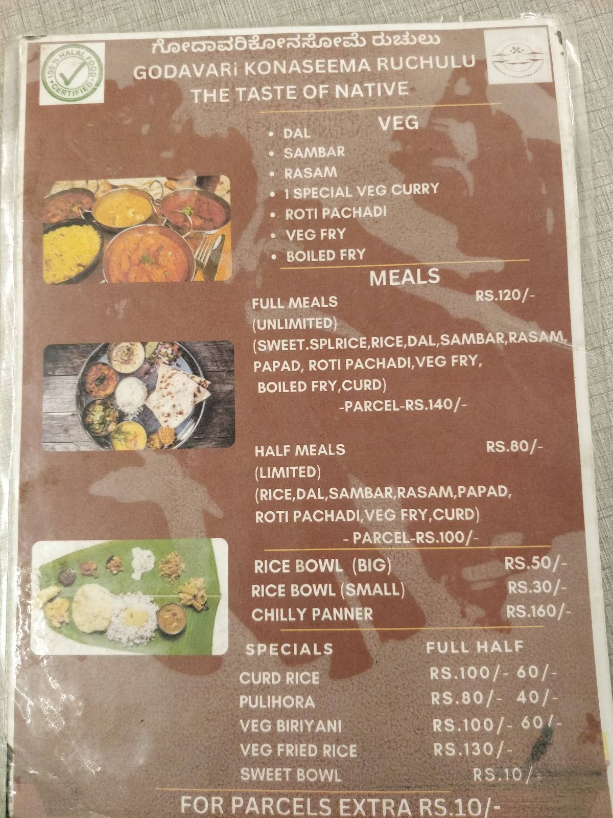 Menu at Godavari Konaseema Ruchulu, Bengaluru, KHB high rise apartment