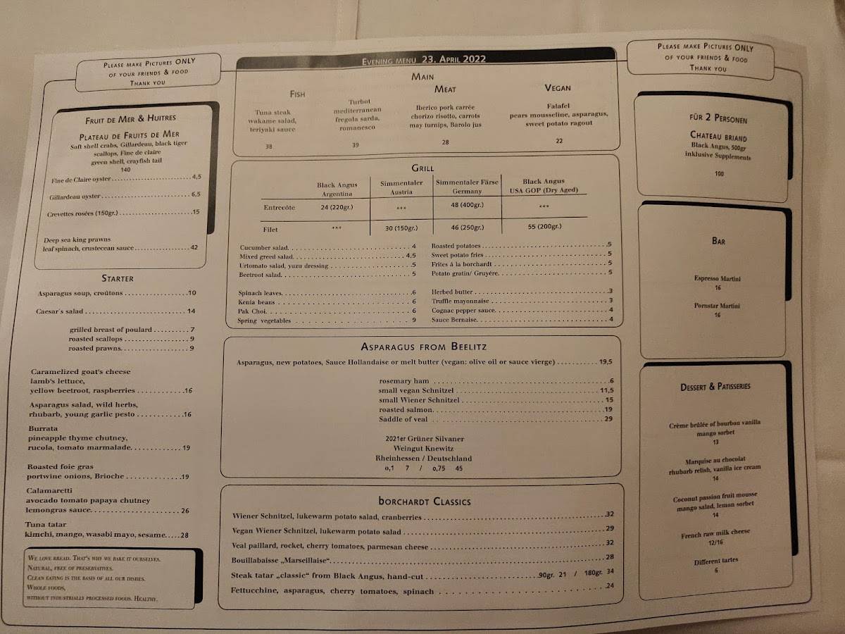 Menu at Borchardt restaurant, Berlin