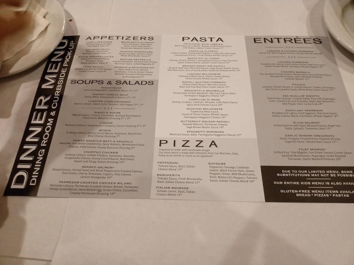 Menu at Biaggi's Ristorante Italiano restaurant, West Des Moines