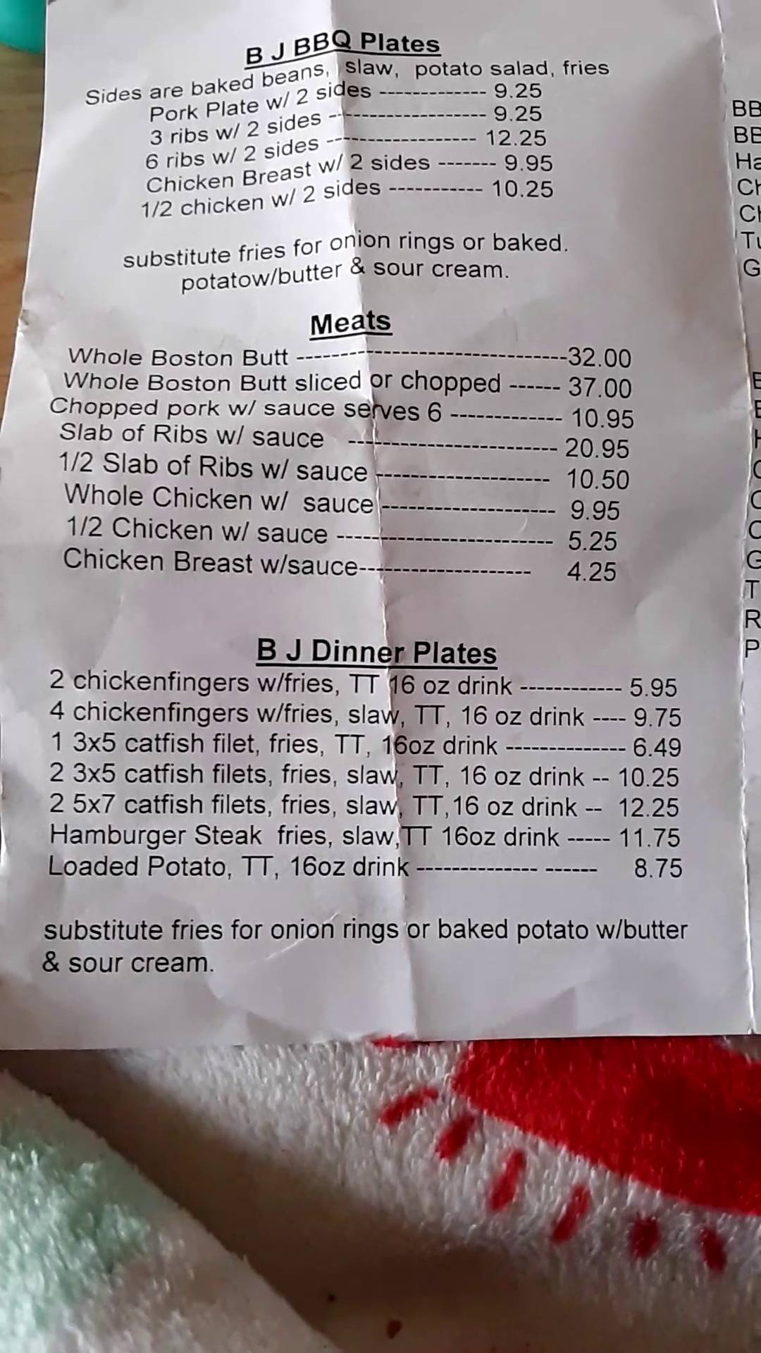 Menu at Big John's Bar-B-Q, Moundville, Alabama Hwy 69 S