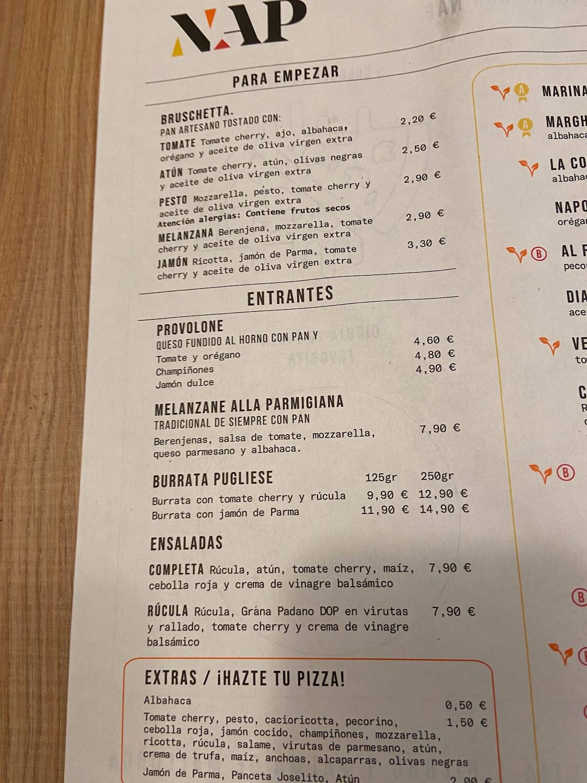 Carta del restaurante NAP Bilbao, Bilbao