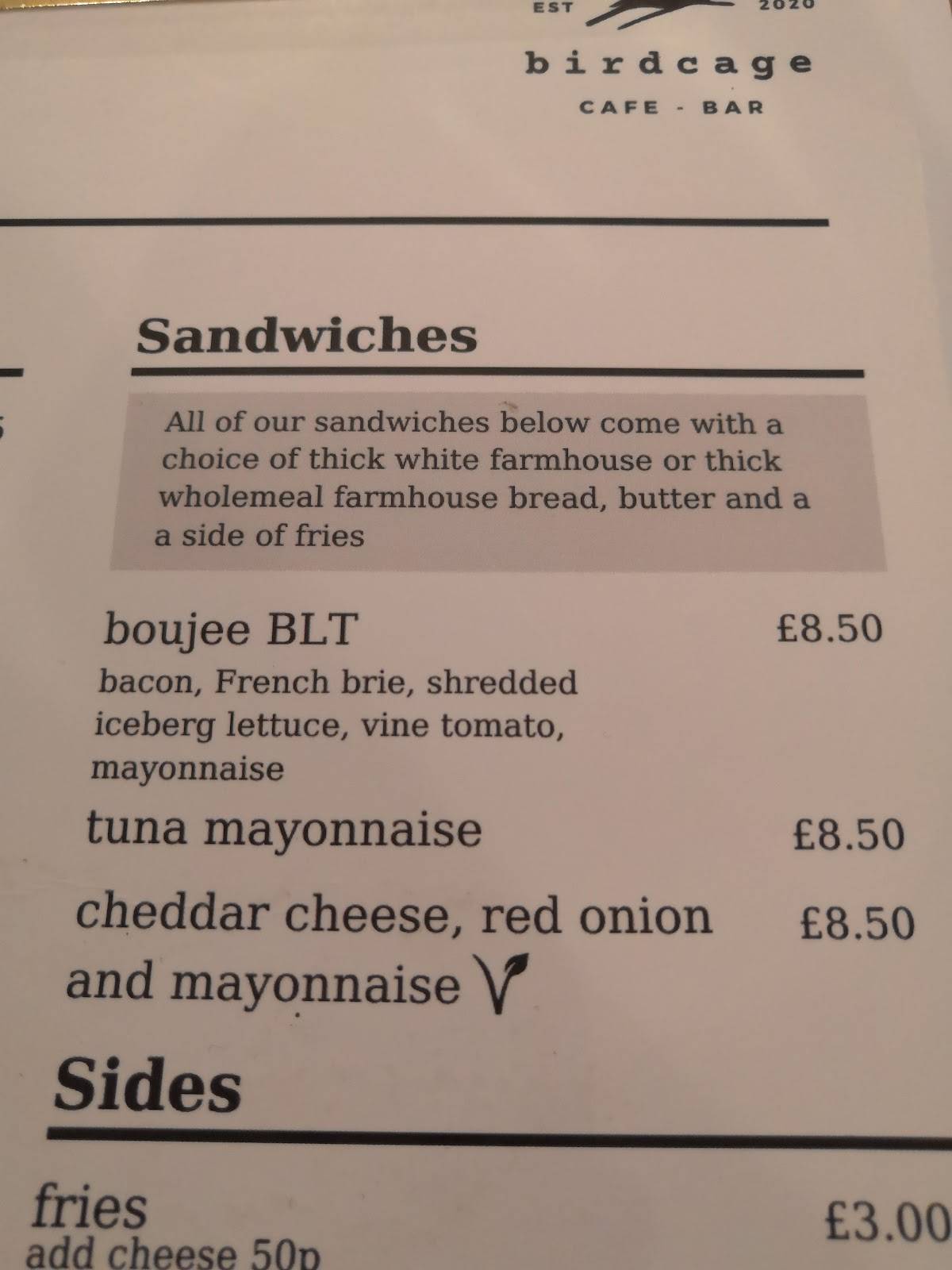 Menu at Birdcage at Derby road pub & bar, Chesterfield