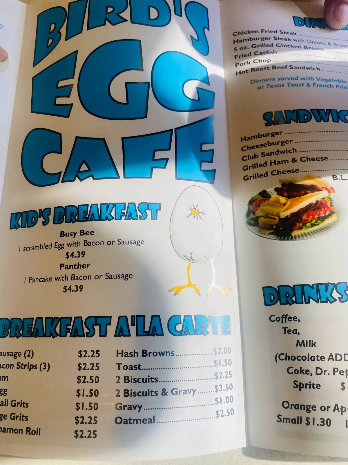Menu at Bird's Egg Cafe, Palestine