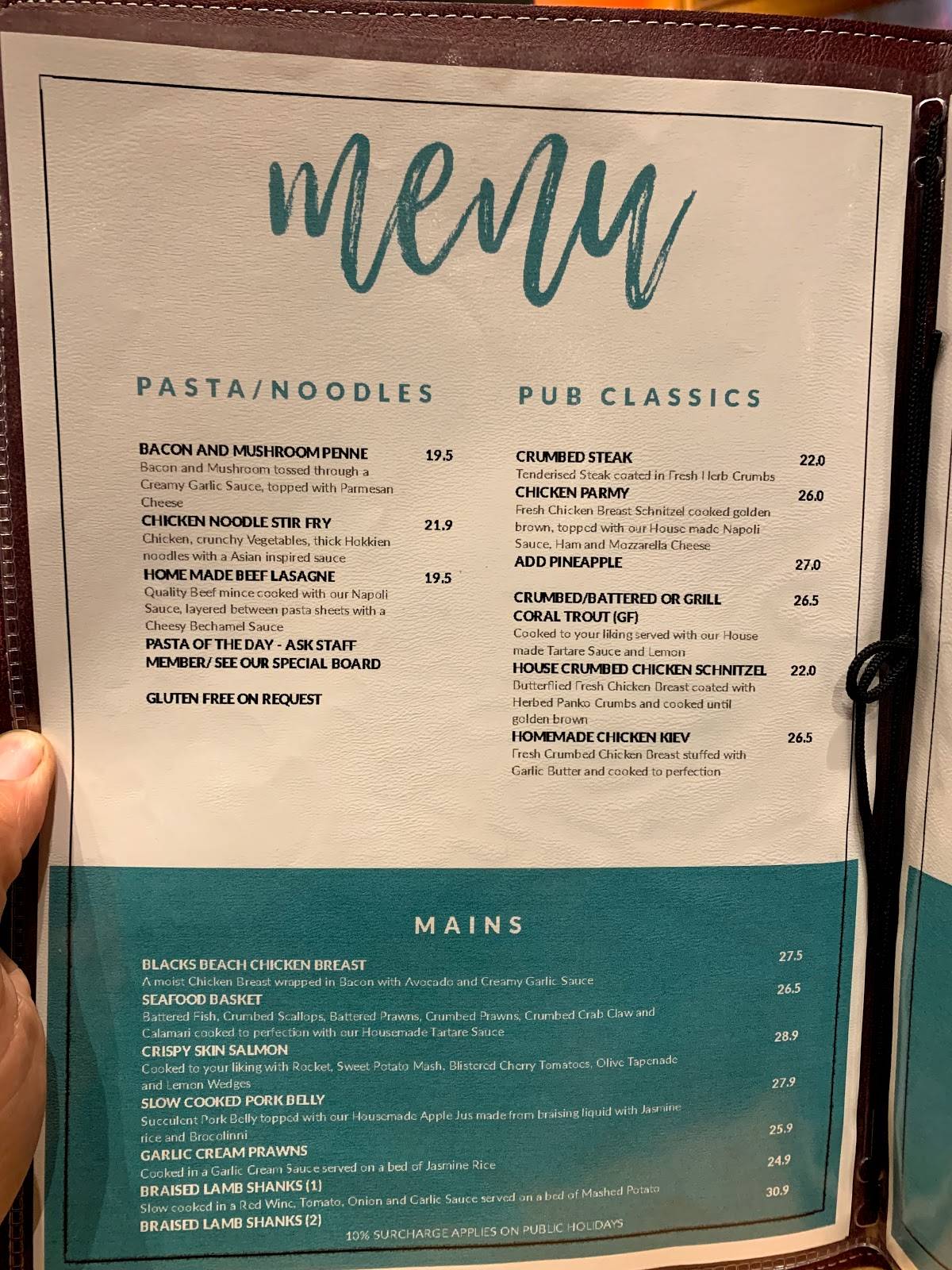 Menu at Blacks Beach Tavern restaurant, Blacks Beach