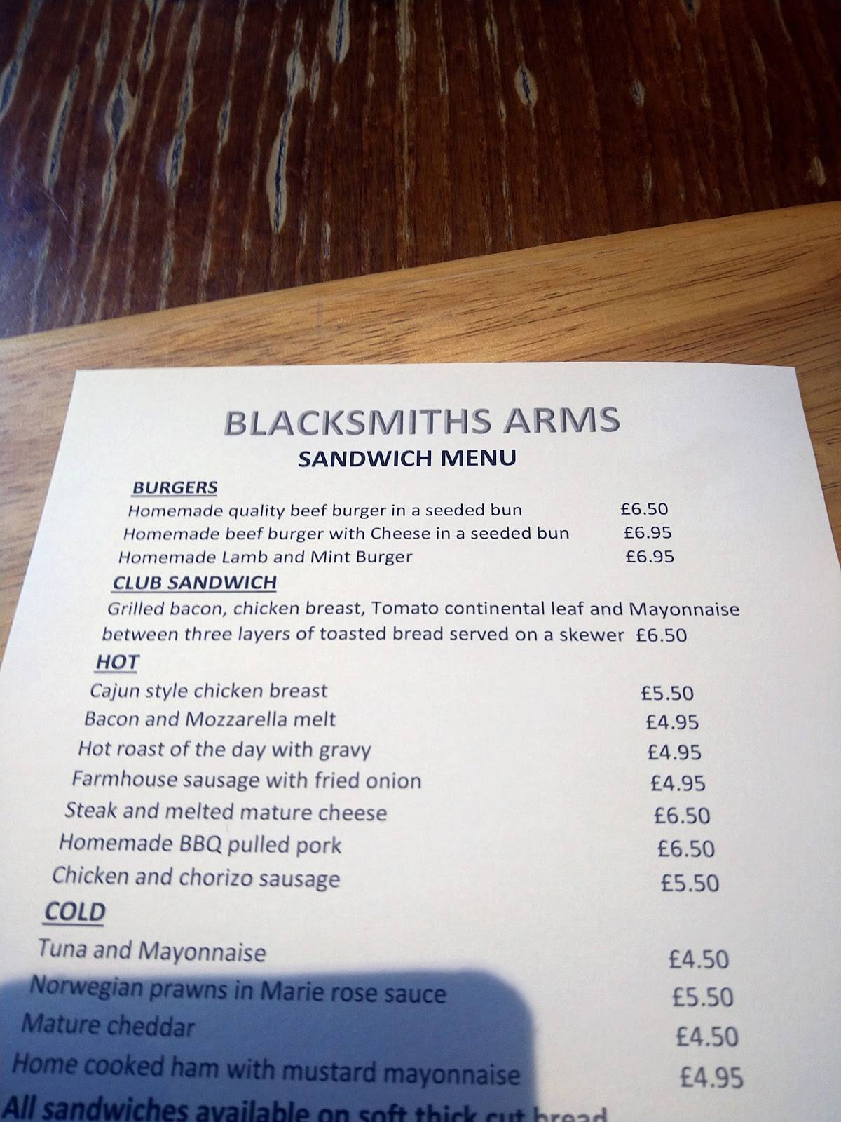 Menu at Blacksmiths Arms pub & bar, Huddersfield