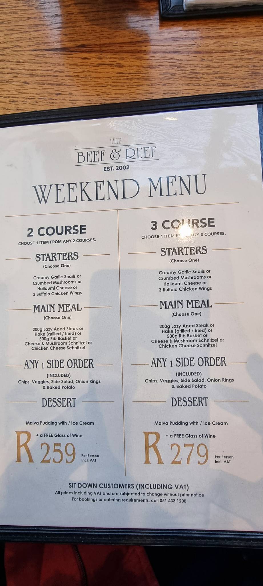 Menu at The Beef 'n Reef restaurant, Bloemfontein, Kenneth Kaunda Rd