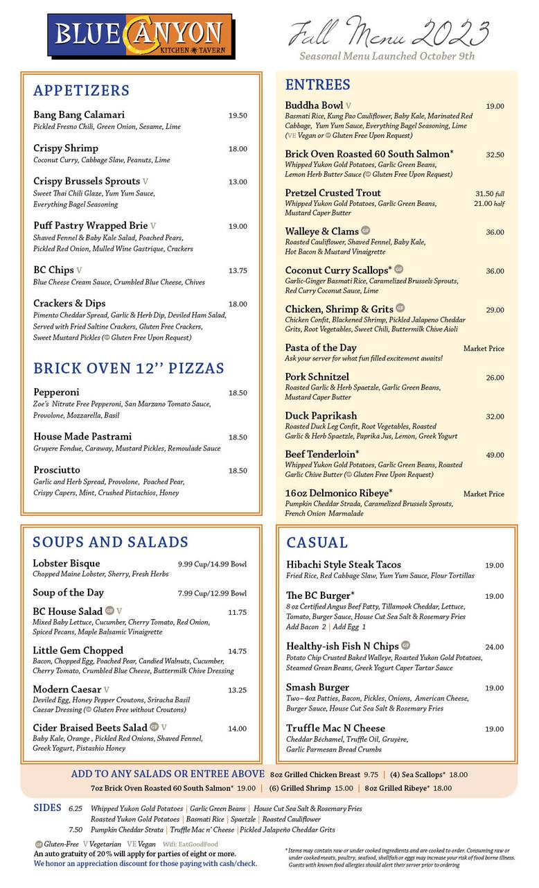 Menu at Blue Canyon Kitchen & Tavern restaurant, Twinsburg