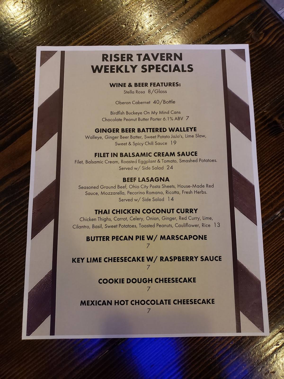 Menu at Riser Tavern & Grill pub & bar, Boardman