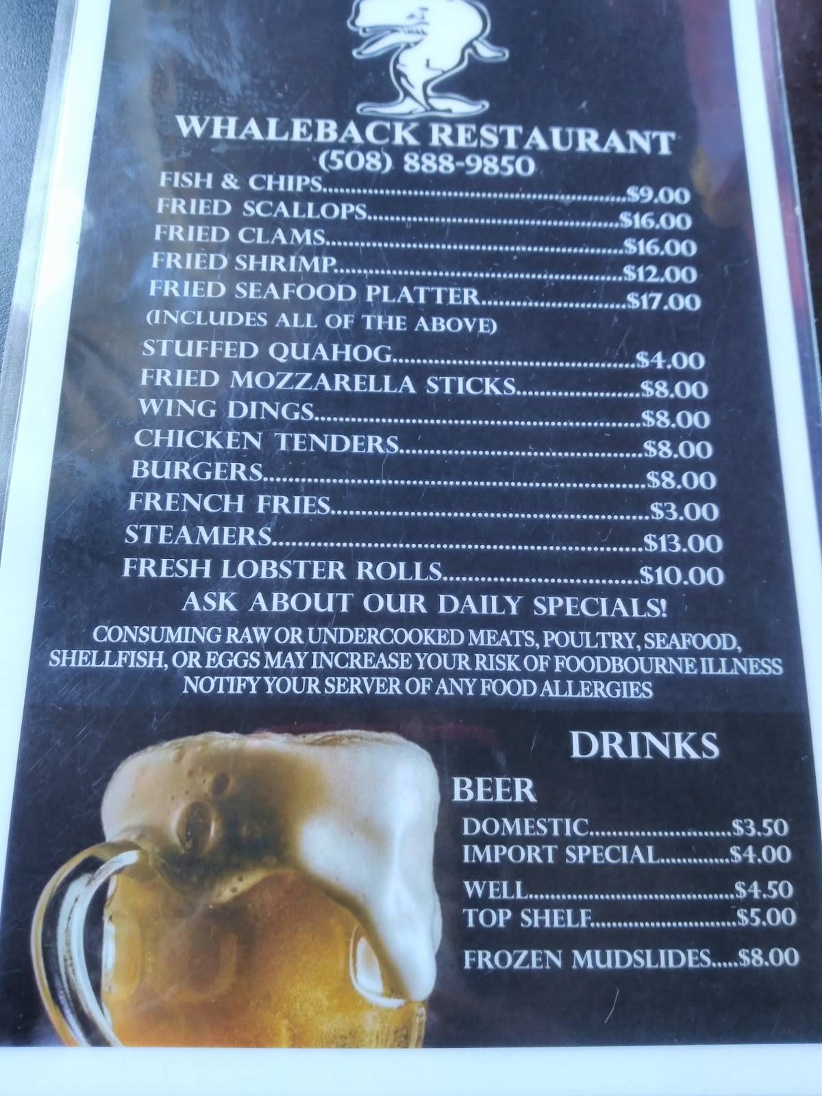 Menu at Bob O'Malley's Whaleback Restaurant, Bourne