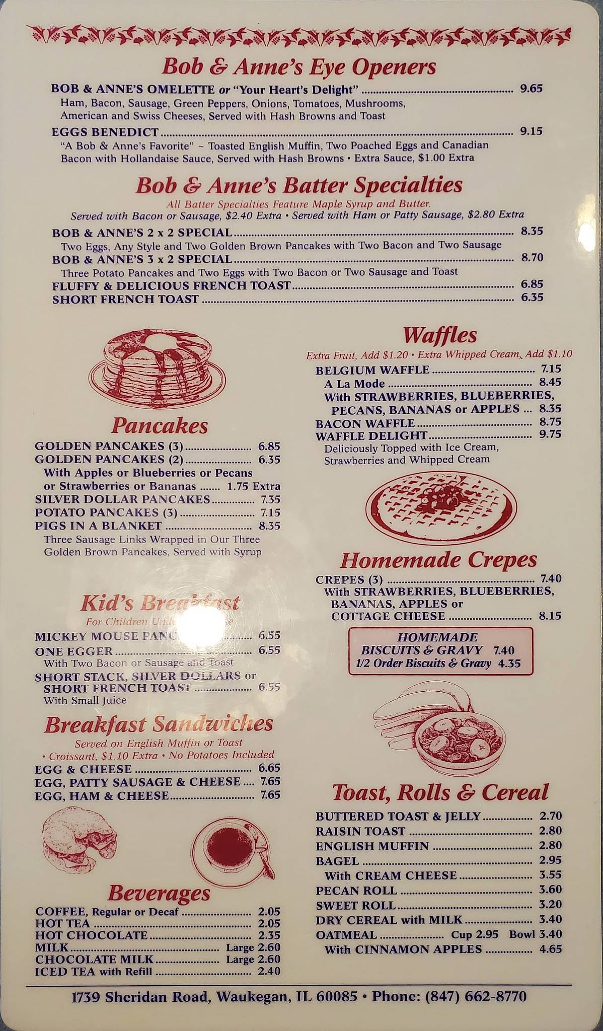 Menu at Bob & Anne's Restaurant, Waukegan