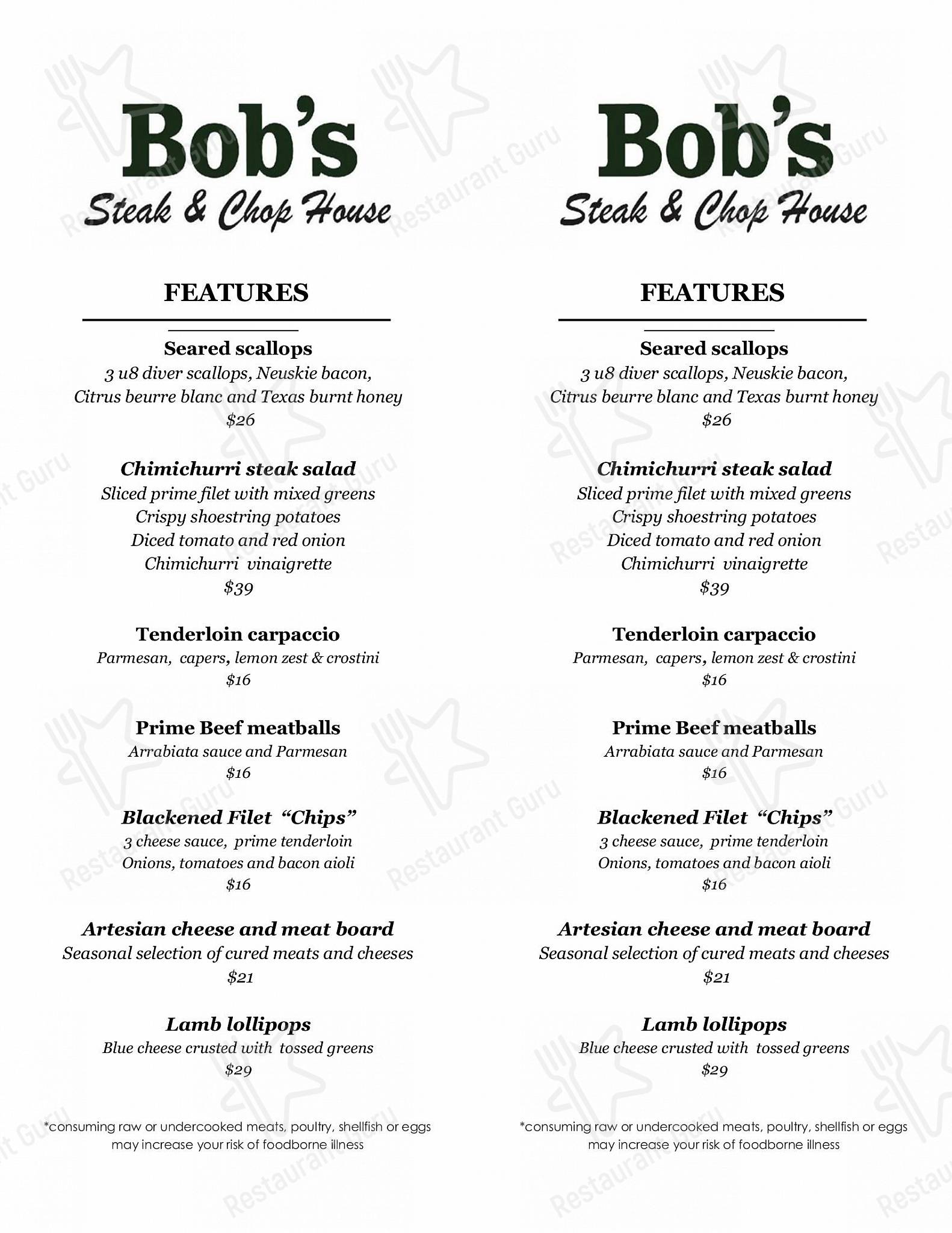 Menu at Bob's Steak & Chop House steakhouse, Carlsbad