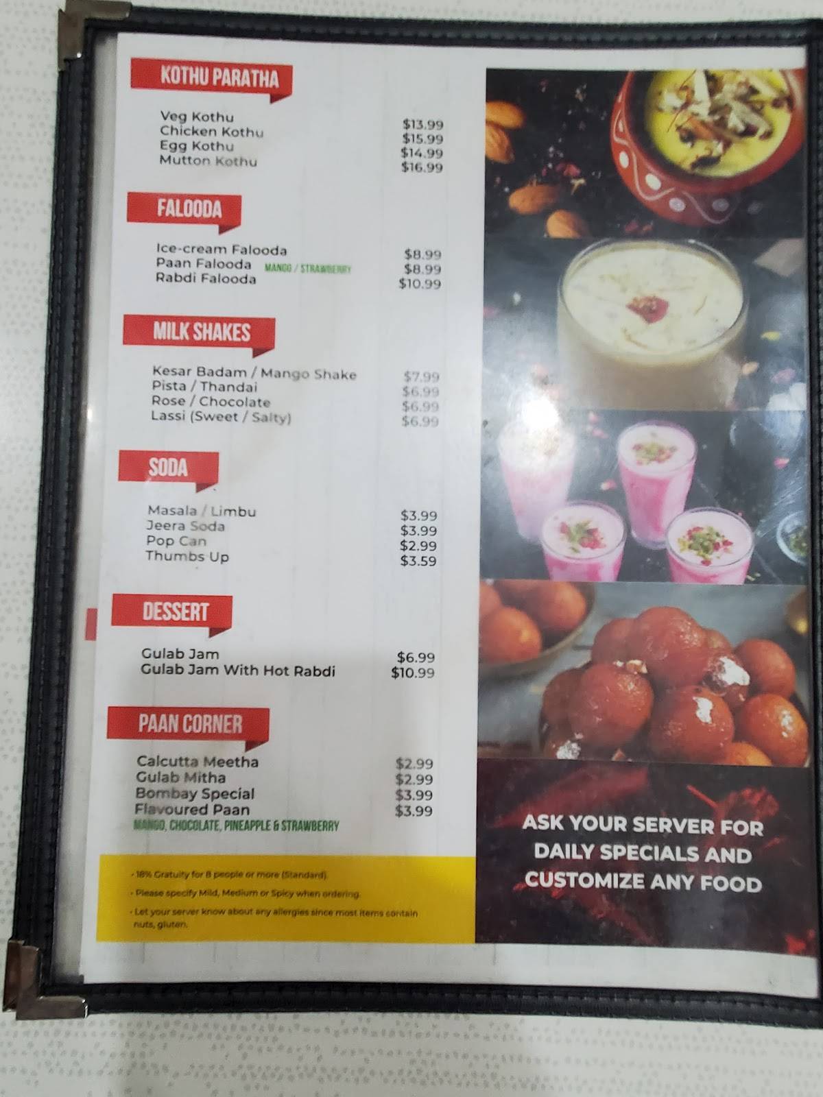 Carta del restaurante Bombay Chaat and Paan House, Edmonton