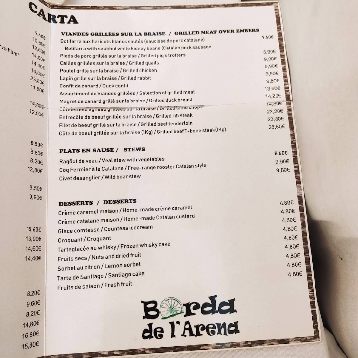 Carta del restaurante Borda del l'Arena, Aixovall